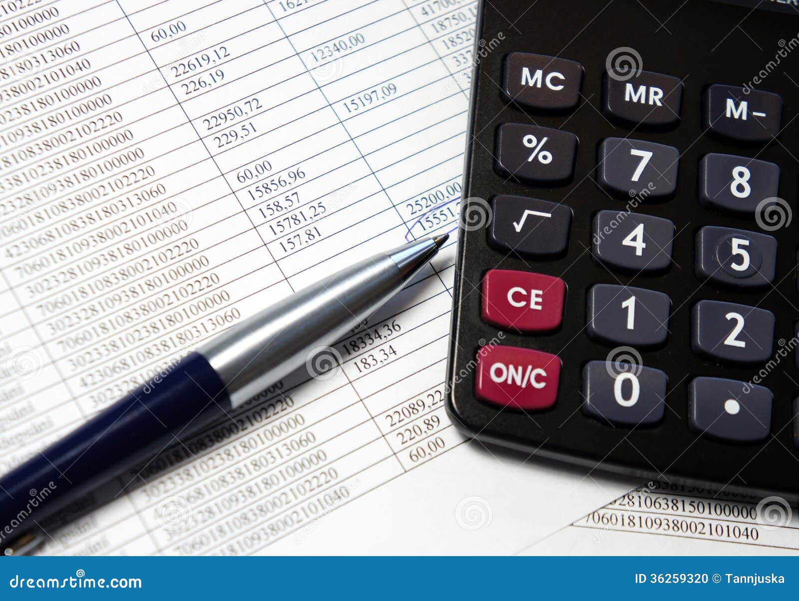 Office Table with Calculator, Pen and Accounting Document Stock Photo ...