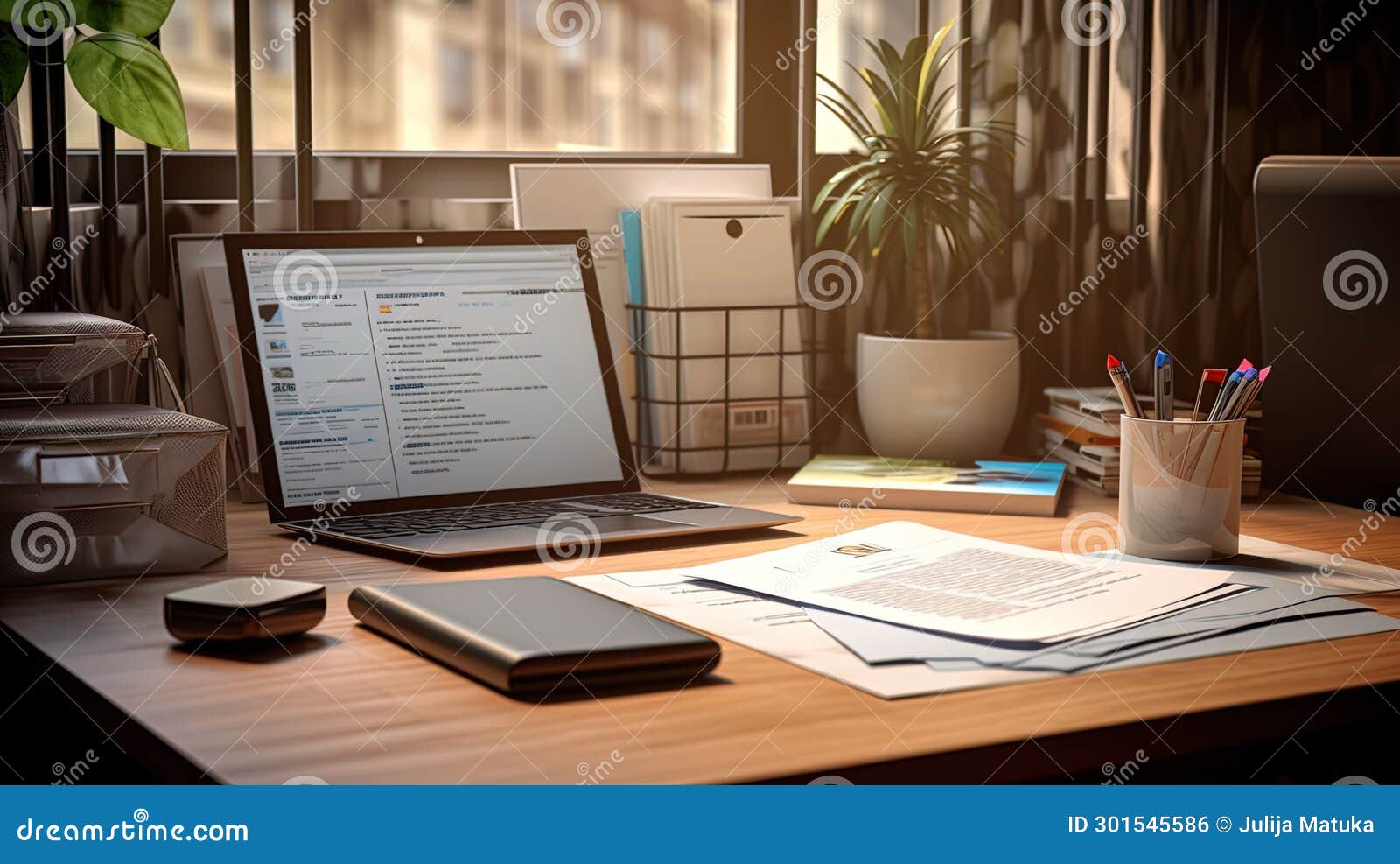 Office Table with a Computer and Documents Stock Illustration ...