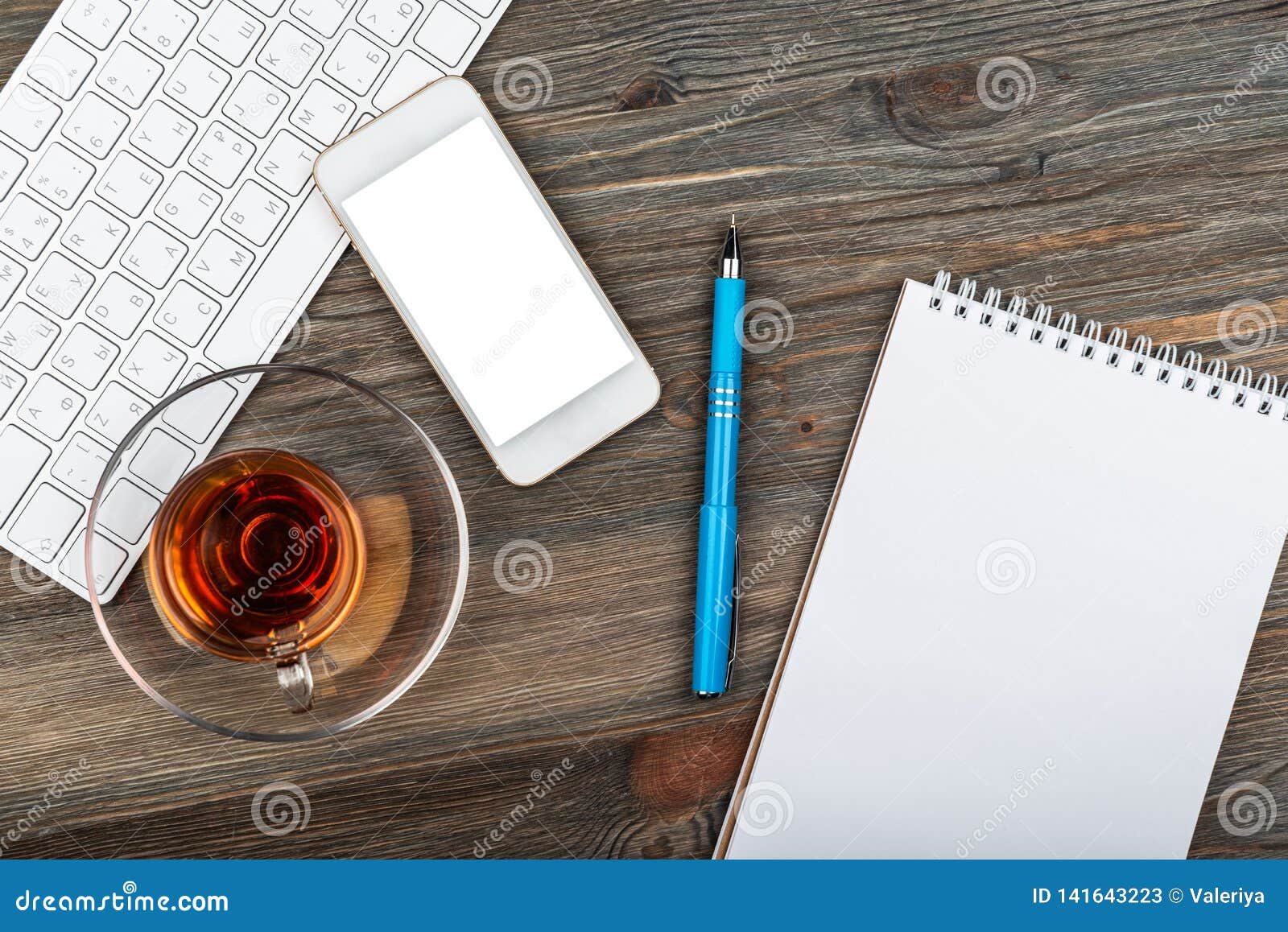 Office Table with Computer Keyboard and Cup of Tea Stock Image - Image ...