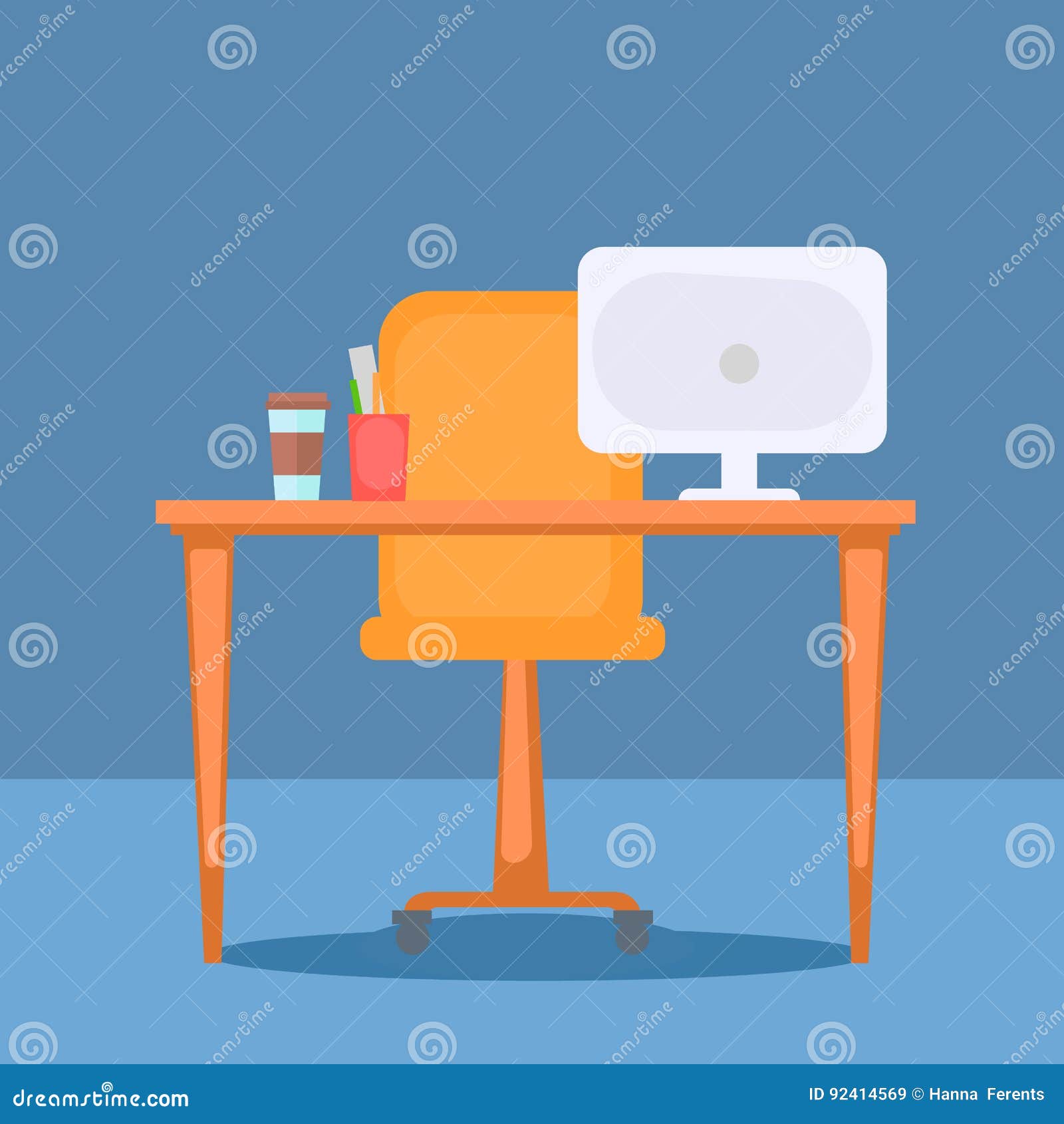 Office with Table, Computer and Office Stuff. Vector Flat Illustration ...