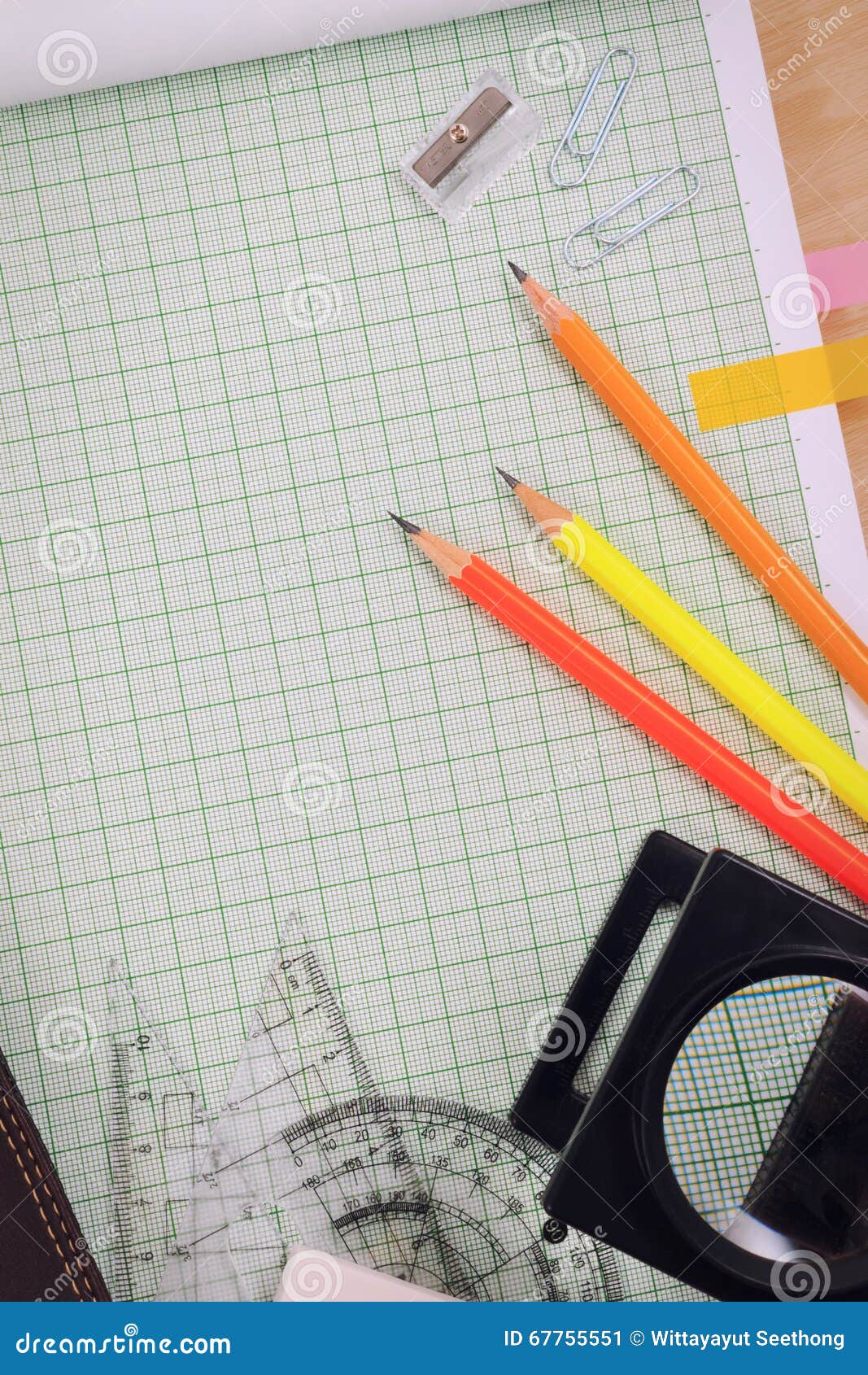 Office Table Desk with Set of Office Stationery, Math Supplies. Stock ...