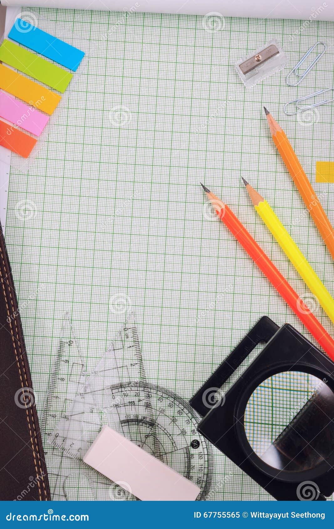 Office Table Desk with Set of Office Stationery, Math Supplies. Stock ...