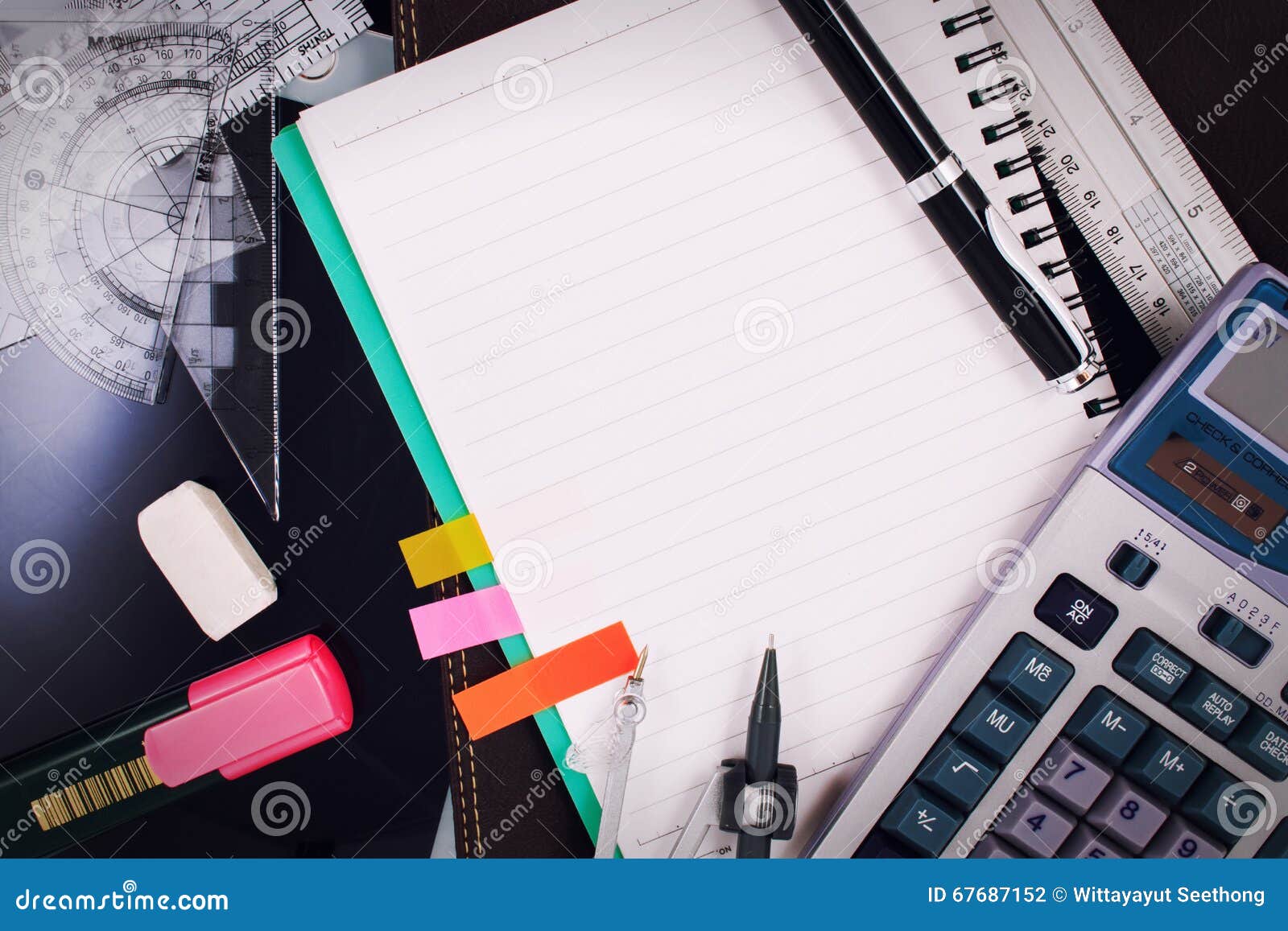 Office Table Desk with Set of Office Stationery or Math Supplies. Stock ...