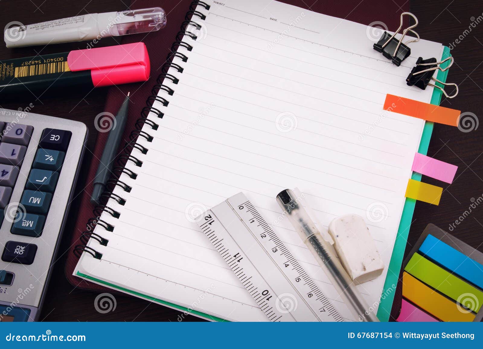 Office Table Desk with Set of Office Stationery or Math Supplies. Stock ...