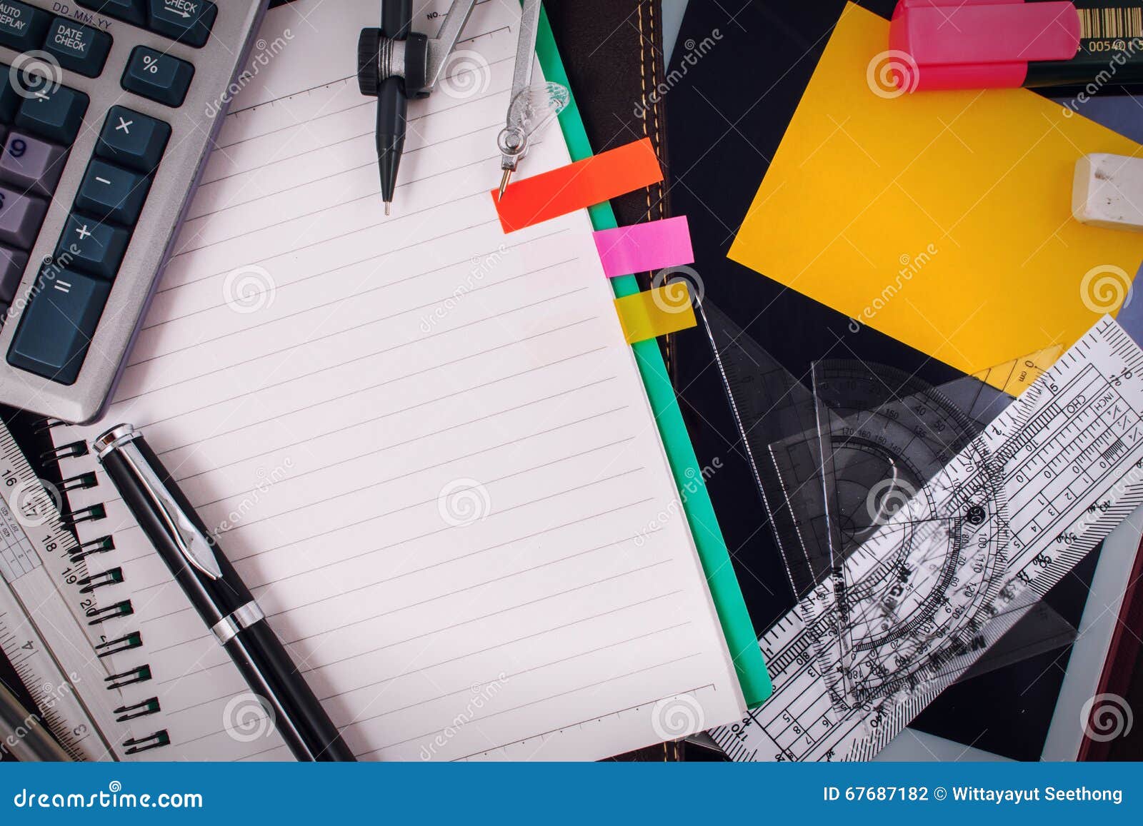 Office Table Desk with Set of Office Stationery or Math Supplies. Stock ...