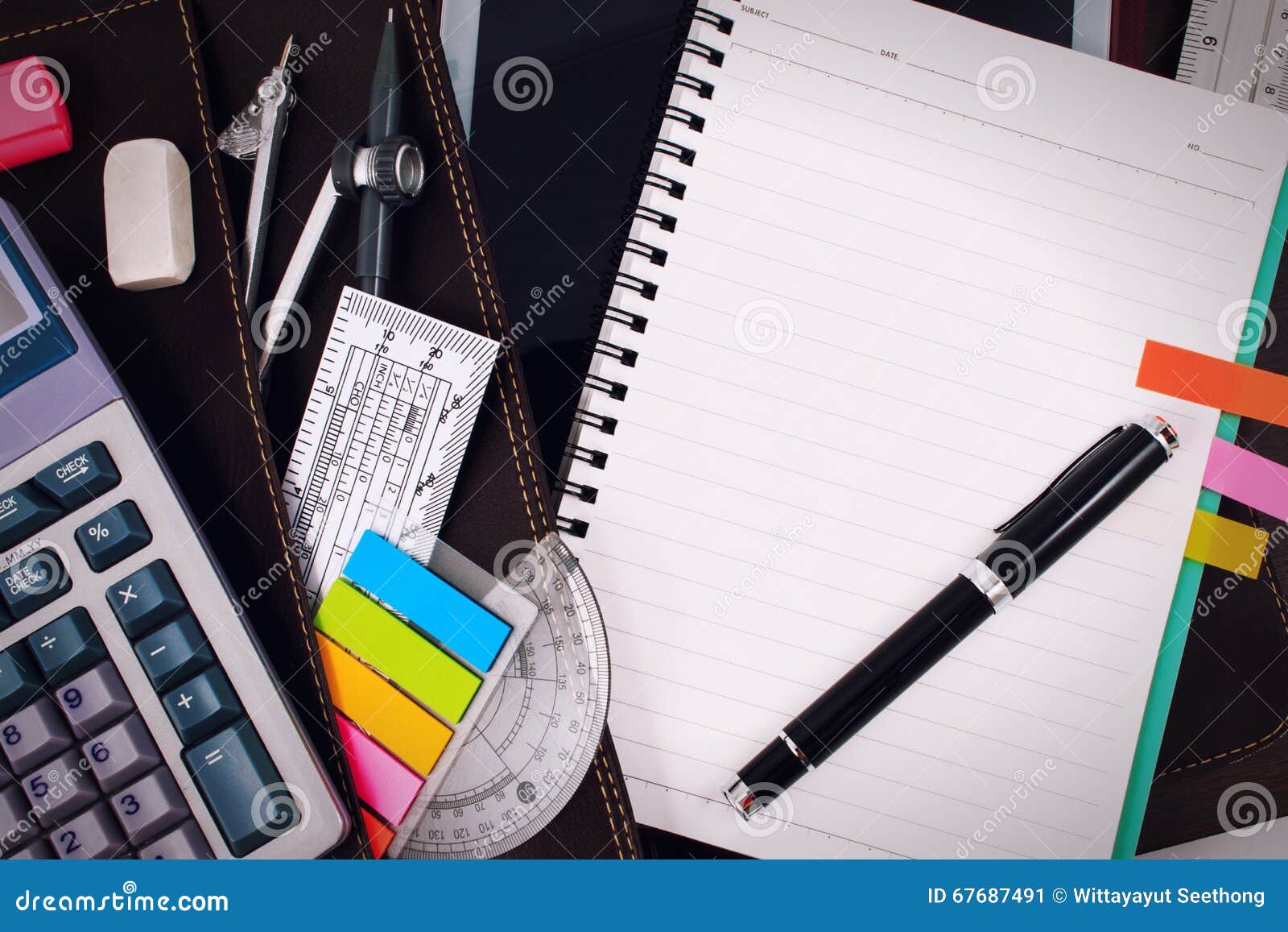 Office Table Desk with Set of Office Stationery or Math Supplies. Stock ...