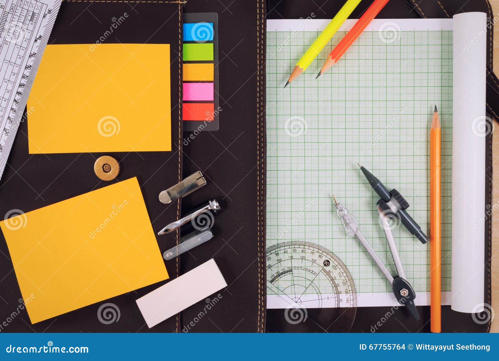 Office Table Desk with Set of Office Stationery or Math Supplies. Stock ...