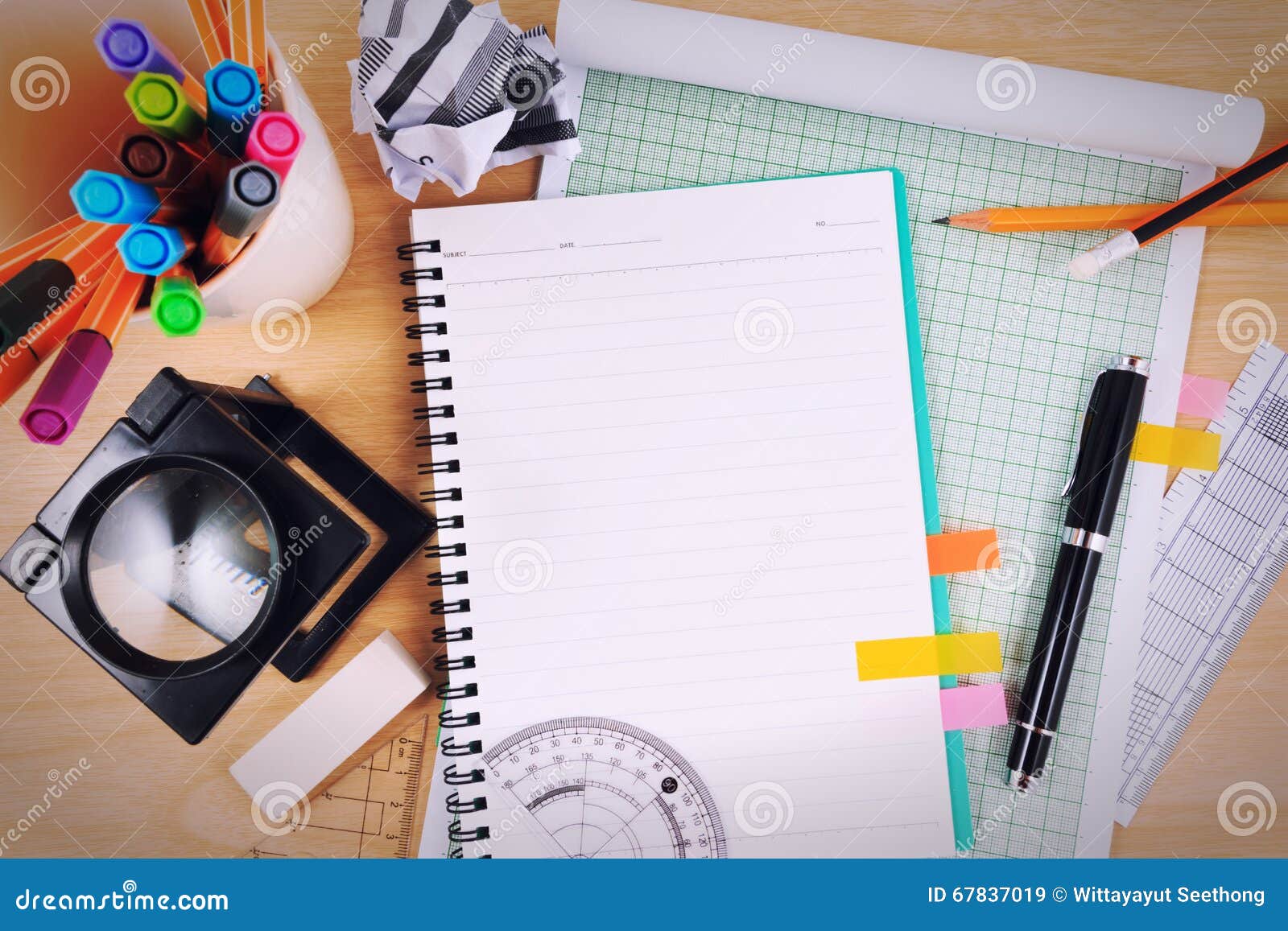 Office Table Desk with Set of Office Stationery or Math Supplies. Stock ...