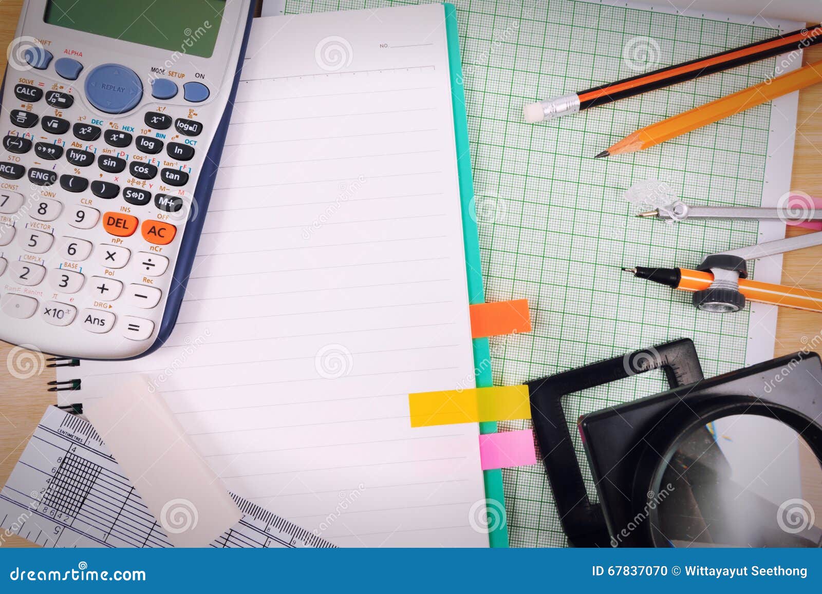 Office Table Desk with Set of Office Stationery or Math Supplies. Stock ...