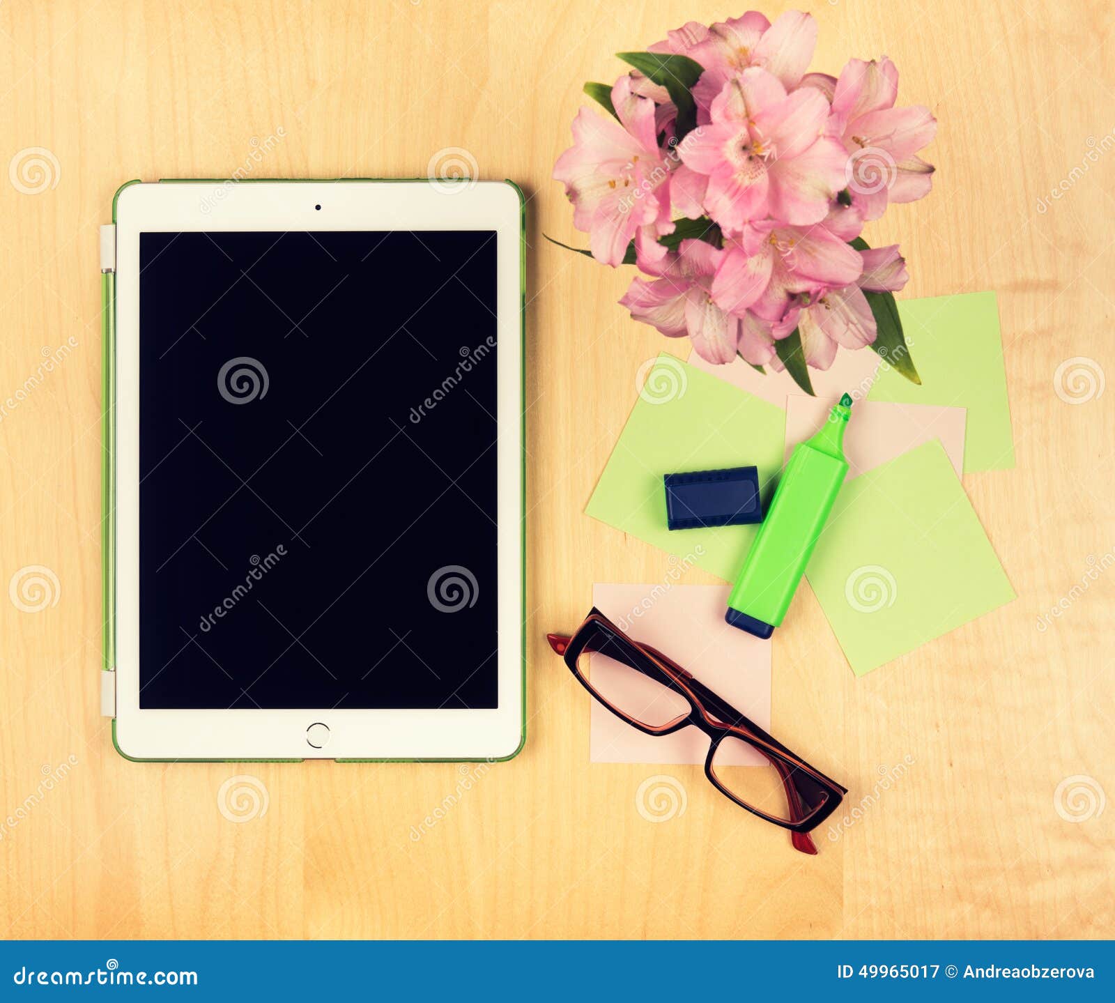 Office Table with Digital Tablet, Reading Glasses and Sticky Notes ...
