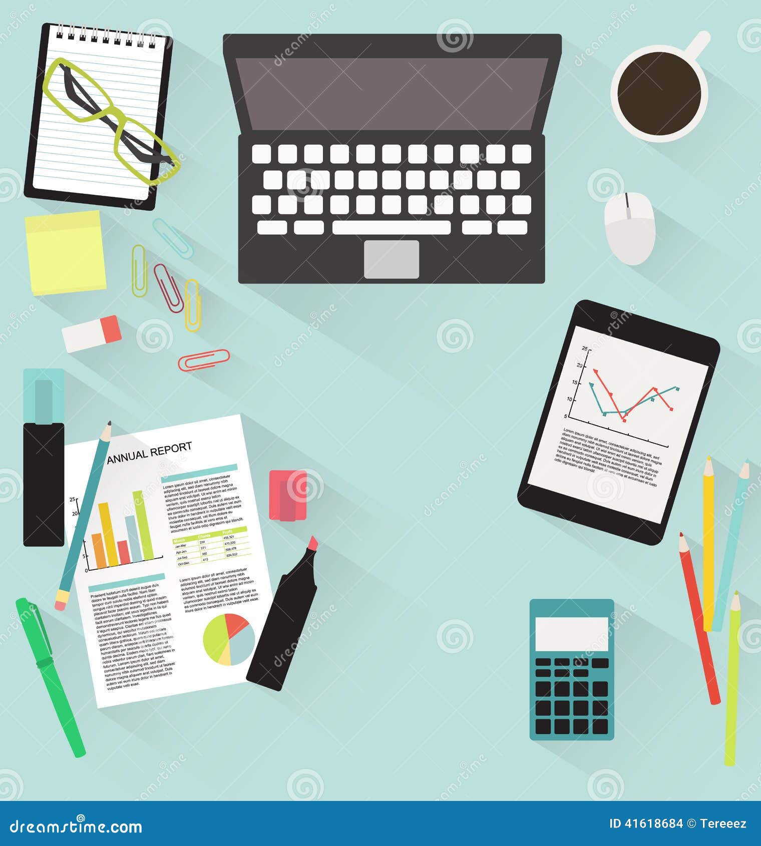 Office Table with Documents and Laptop Upper View Stock Illustration ...