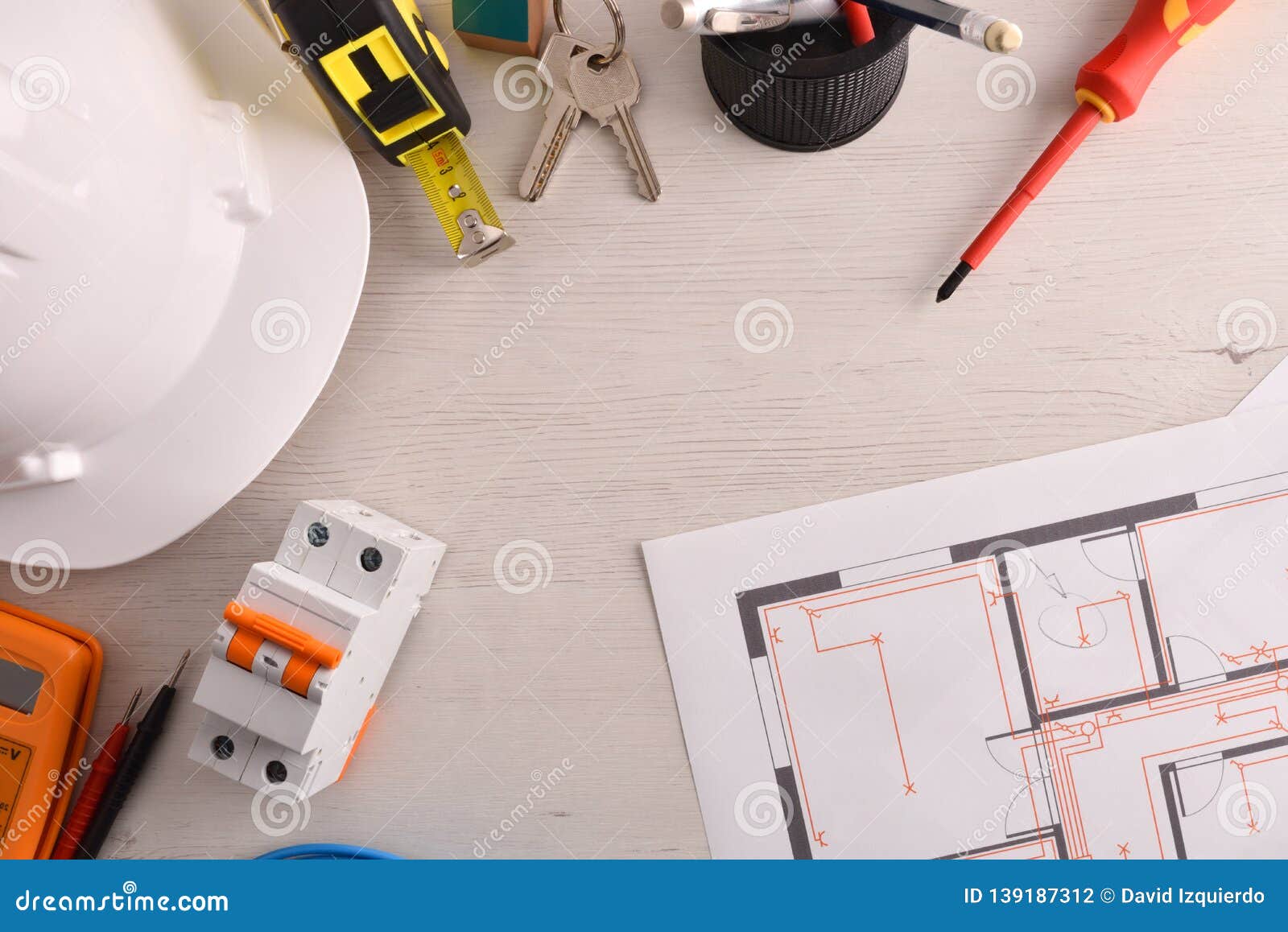 Office Table of Electrical Engineer with Installation Project and Tools ...