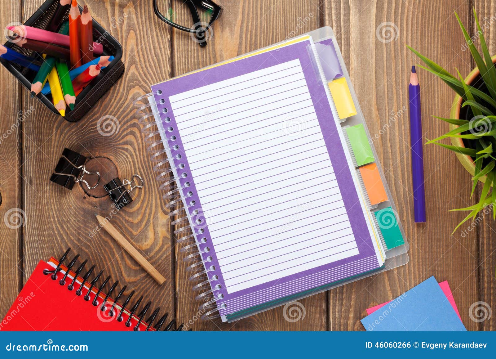Office Table with Flower, Blank Notepad and Colorful Pencils Stock ...