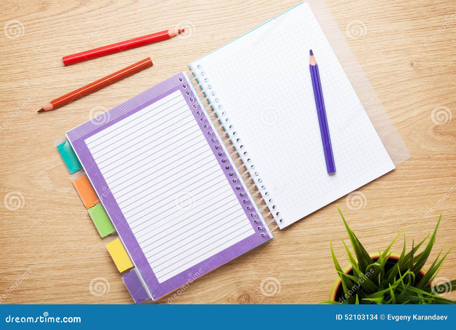 Office Table with Flower, Blank Notepad and Colorful Pencils Stock ...