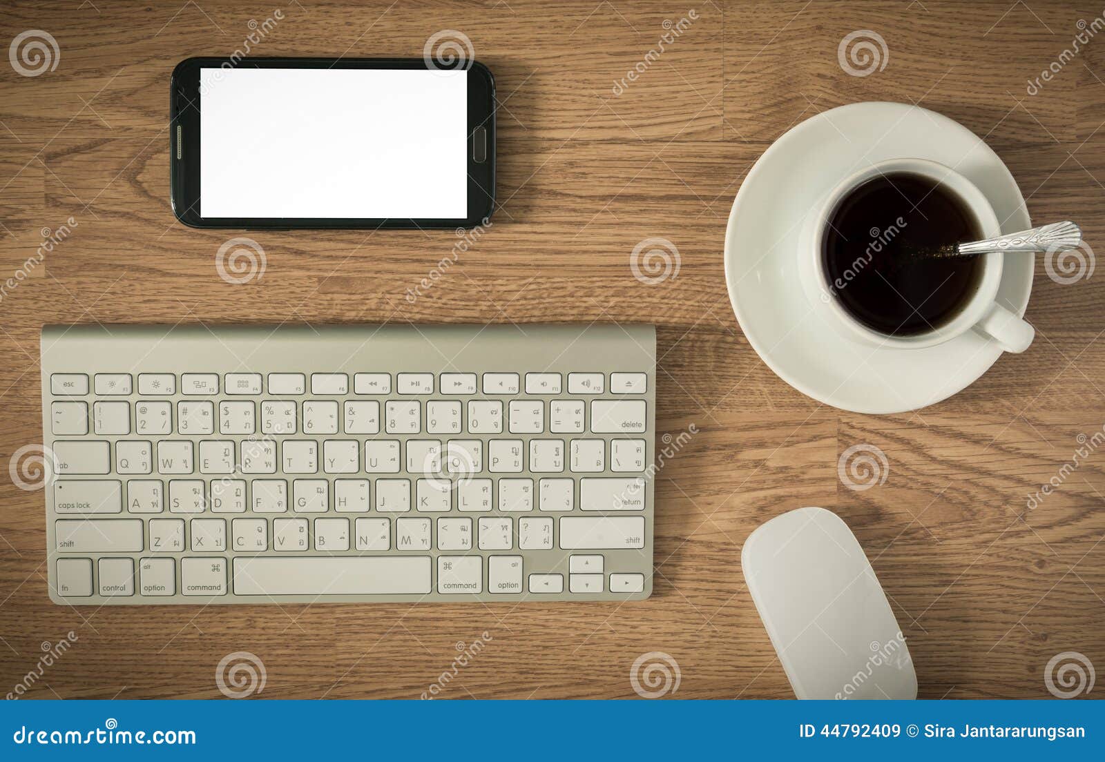 Office Table with Keyboard Computer and Coffee Cup and Computer ...