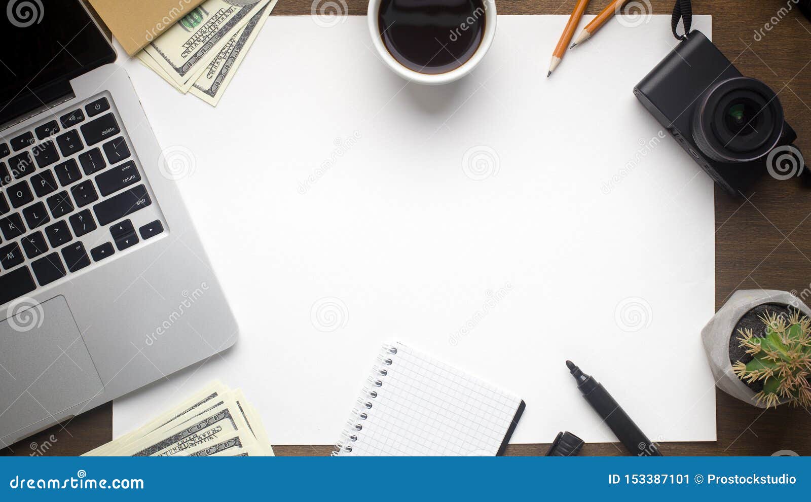 Office Table with Laptop and Blank Sheet of Paper Stock Image - Image ...