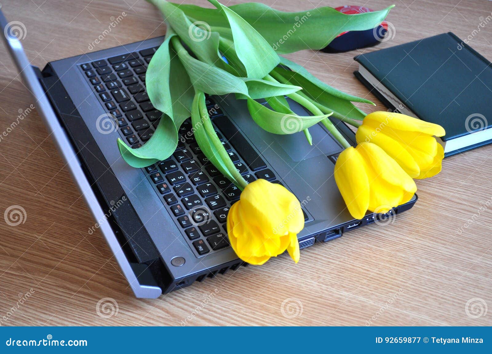 Office Table with Laptop, Notebook and Flowers Stock Image - Image of ...