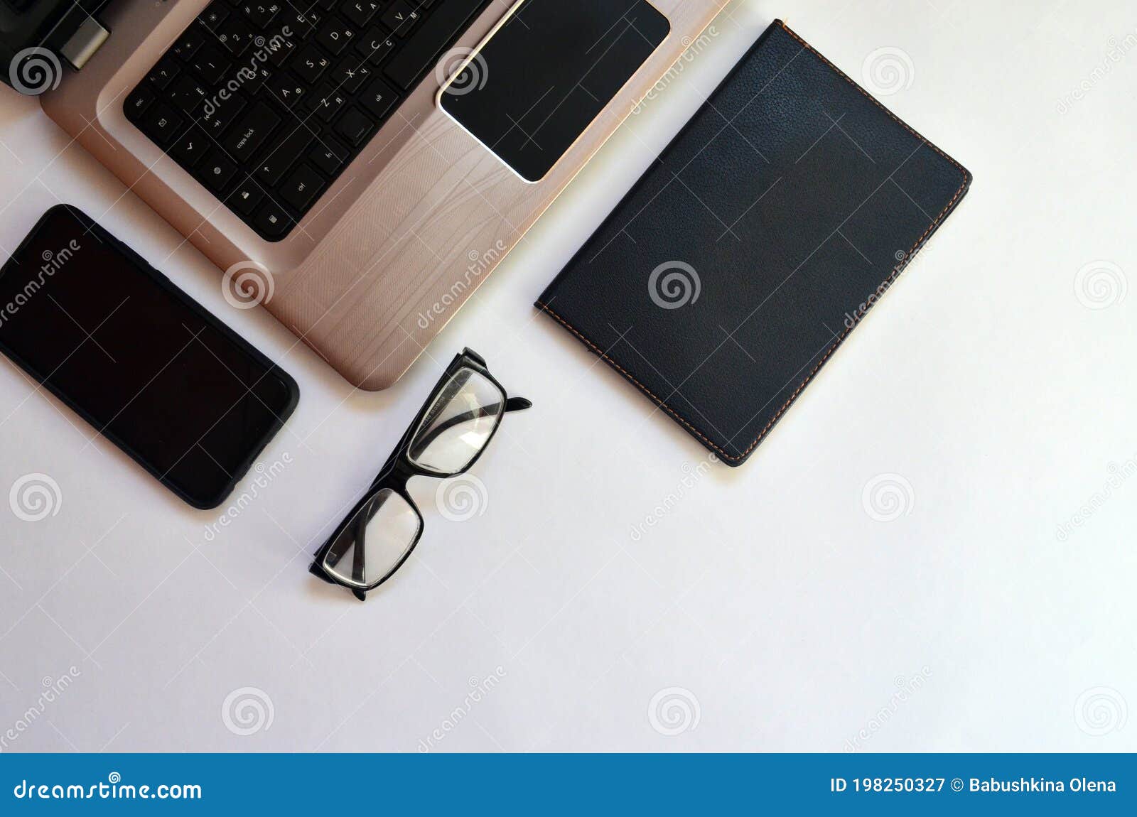 Office Table. Layout. Laptop, Smartphone, Glasses, Notepad and Other ...