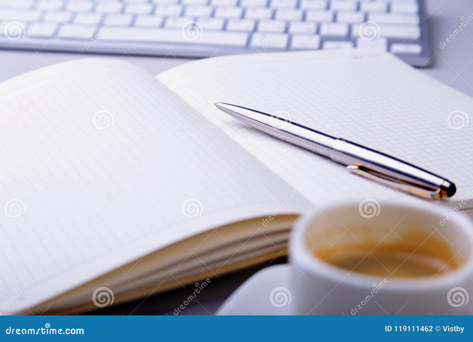 Office Table with Notebook, Computer Keyboard,, Cup of Coffee, Tablet ...