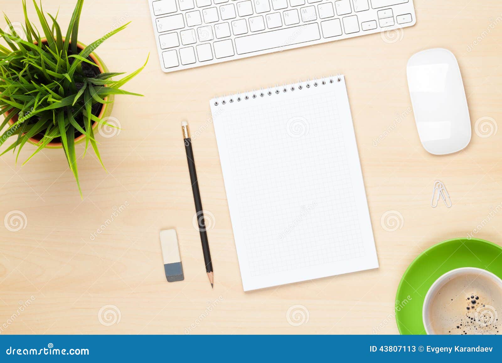 Office Table with Notepad, Computer, Coffee Cup and Flower Stock Image ...