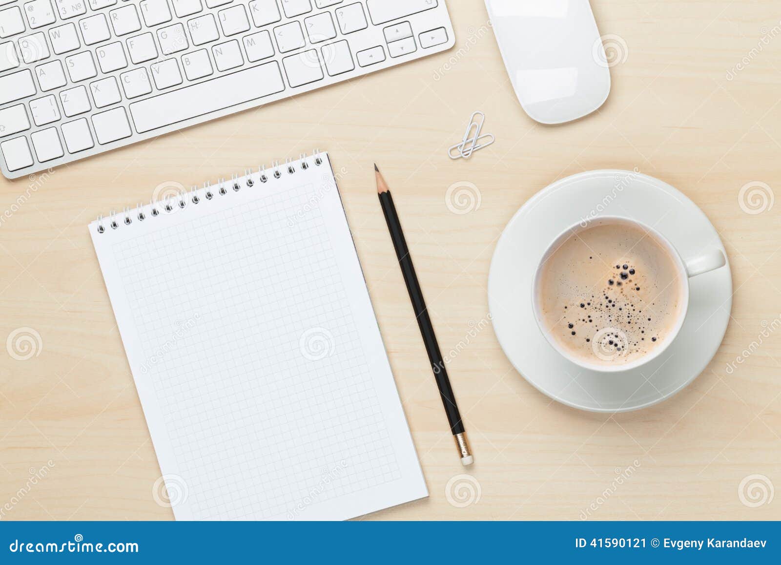Office Table with Notepad, Computer and Coffee Cup Stock Image - Image ...