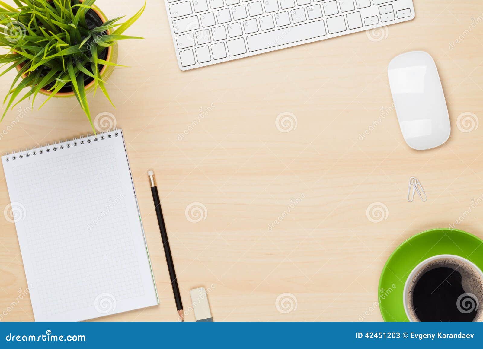 Office Table with Notepad, Computer, Flower and Coffee Cup Stock Image ...