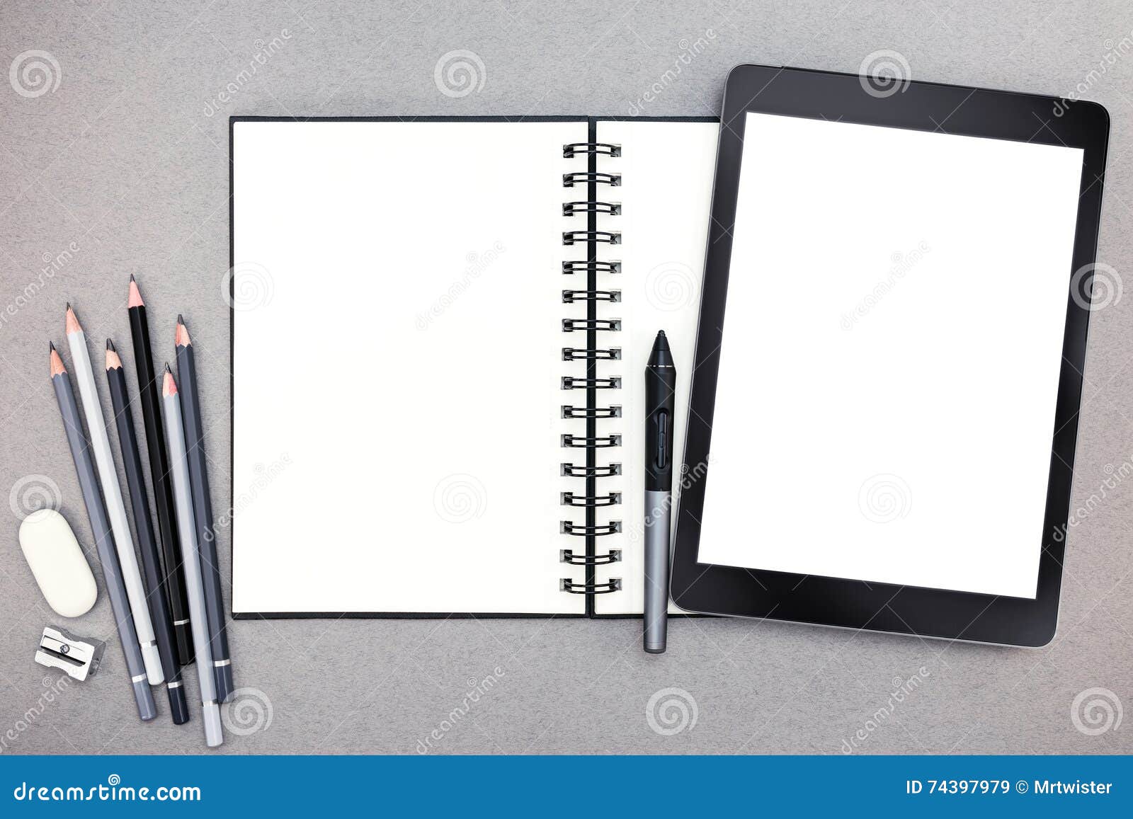 Office Table with Notepad, Pencils and Tablet Computer with Stylus ...