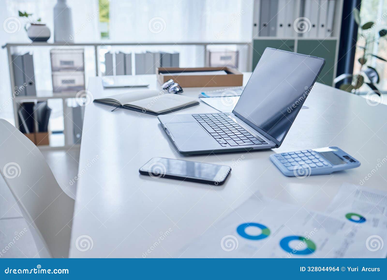 Office, Table and Paperwork with Technology in Boardroom for Financial ...