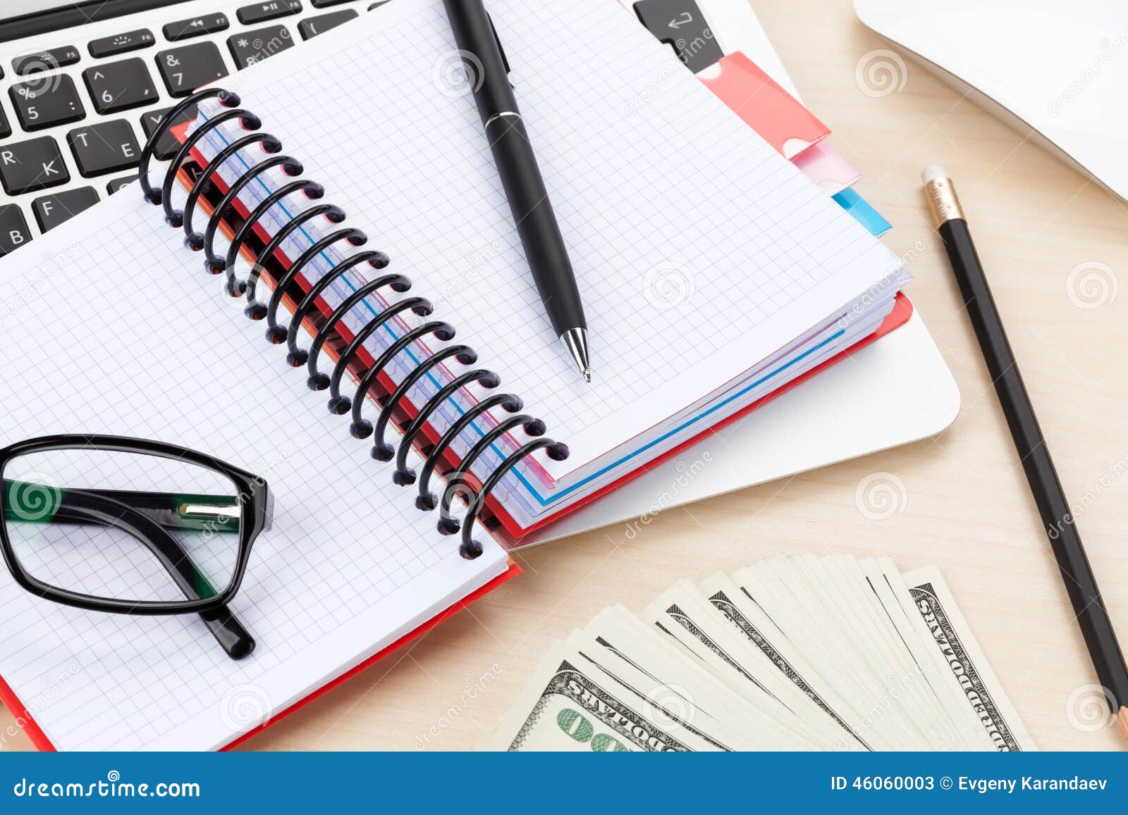 Office Table with Pc, Supplies and Money Stock Image - Image of desk ...