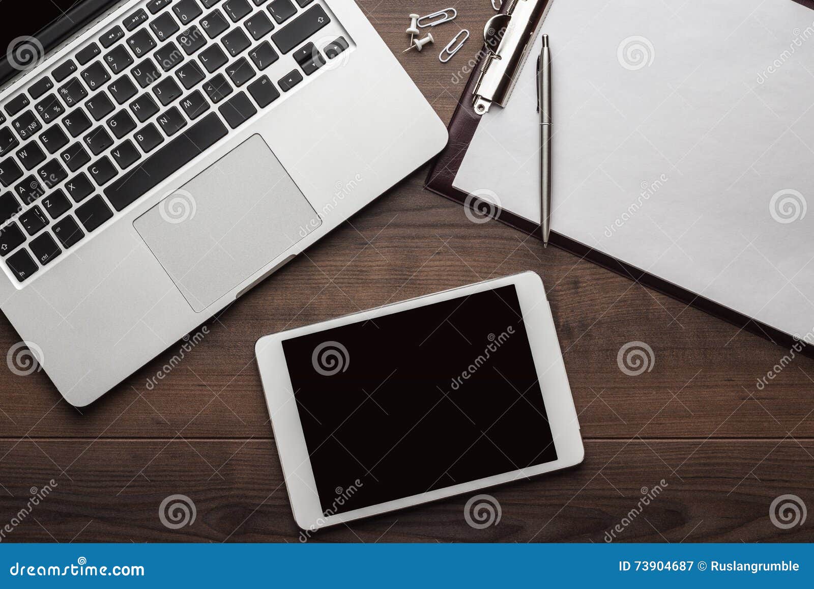Office Table with Tablet, Notepad and Computer Stock Image - Image of ...
