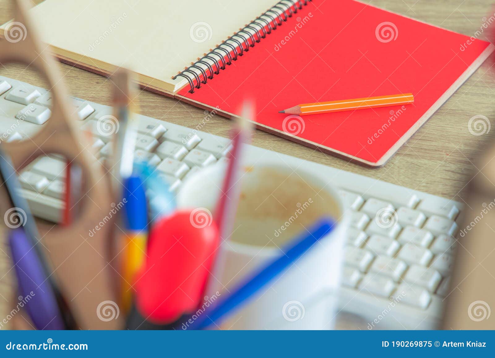 Office Table Tools Notebook Paper Pencil and Keyboard Indoor View ...