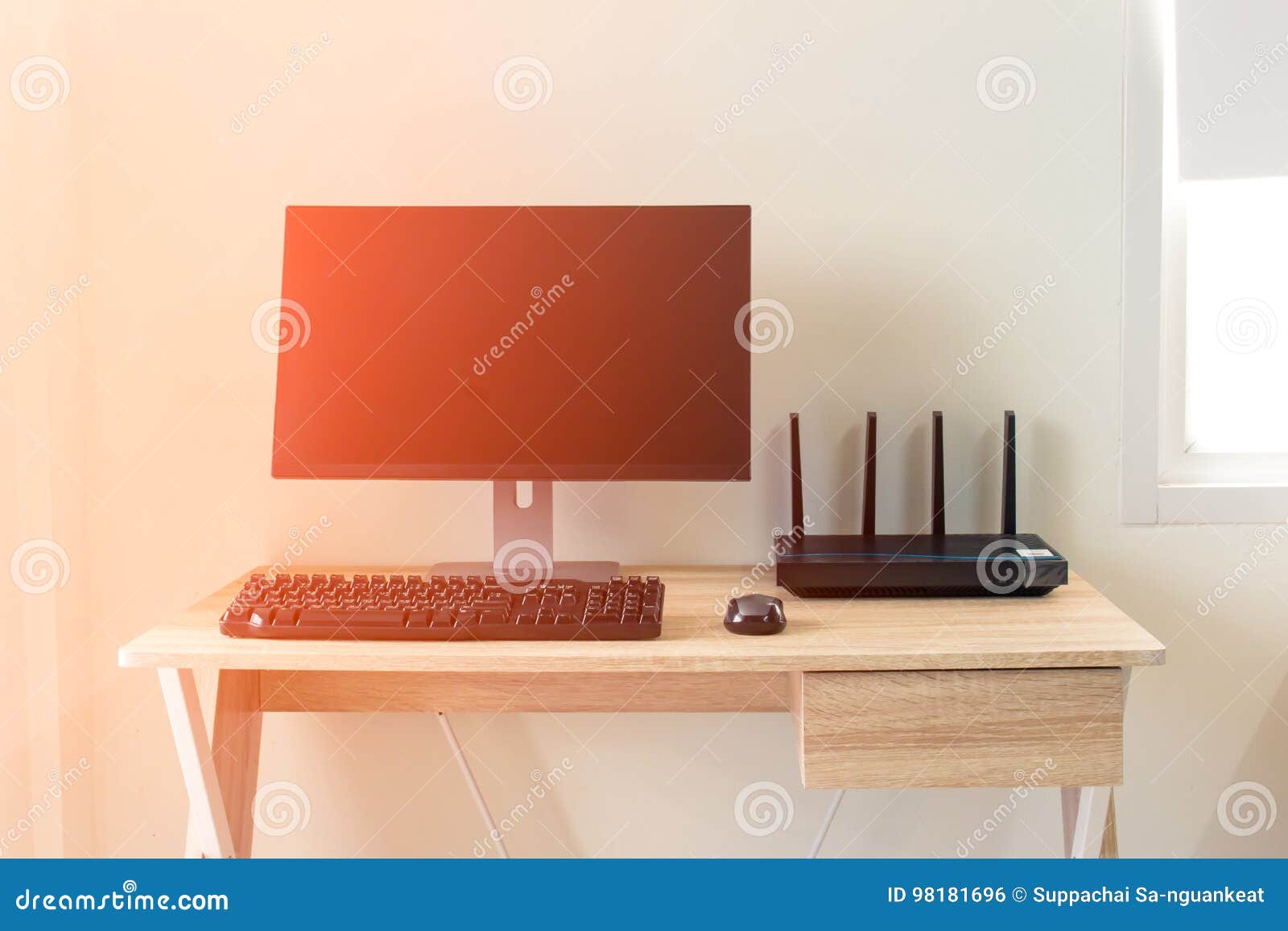 Office Table with Wifi Router and Computer Stock Photo - Image of room ...