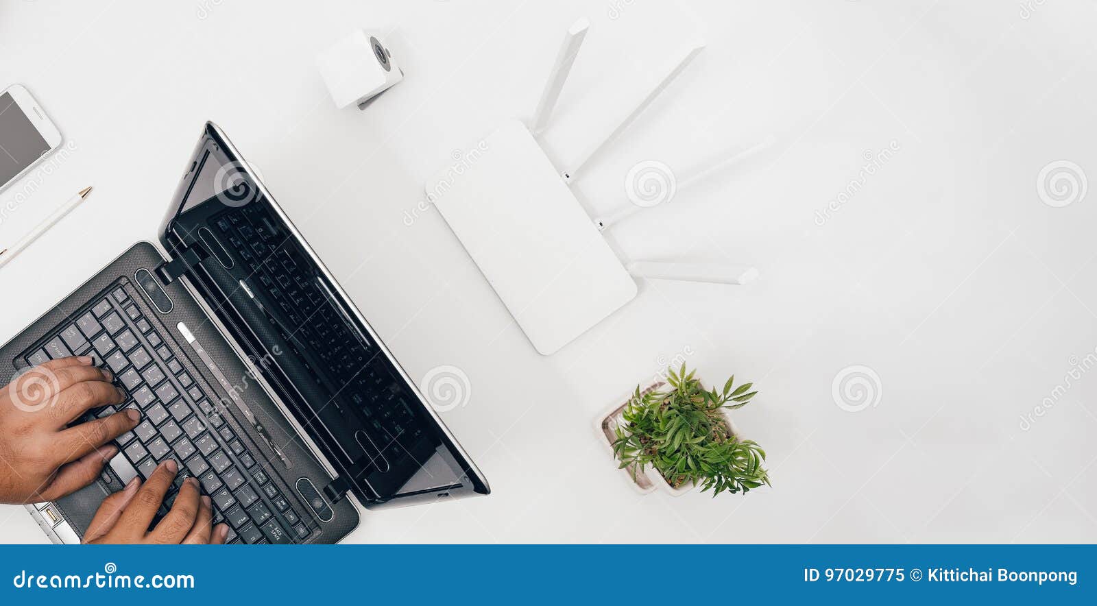 Office Table with Wifi Router, Computer and Supplies Top View Stock ...
