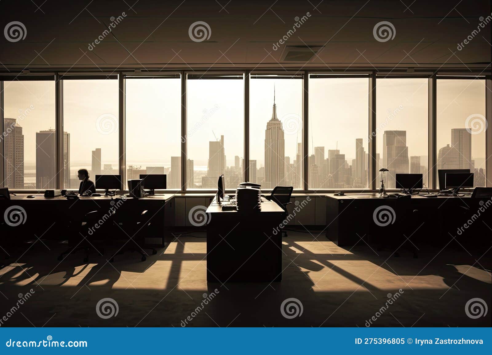 Office with Tables in Front of a Large Window Overlooking Skyscrapers ...