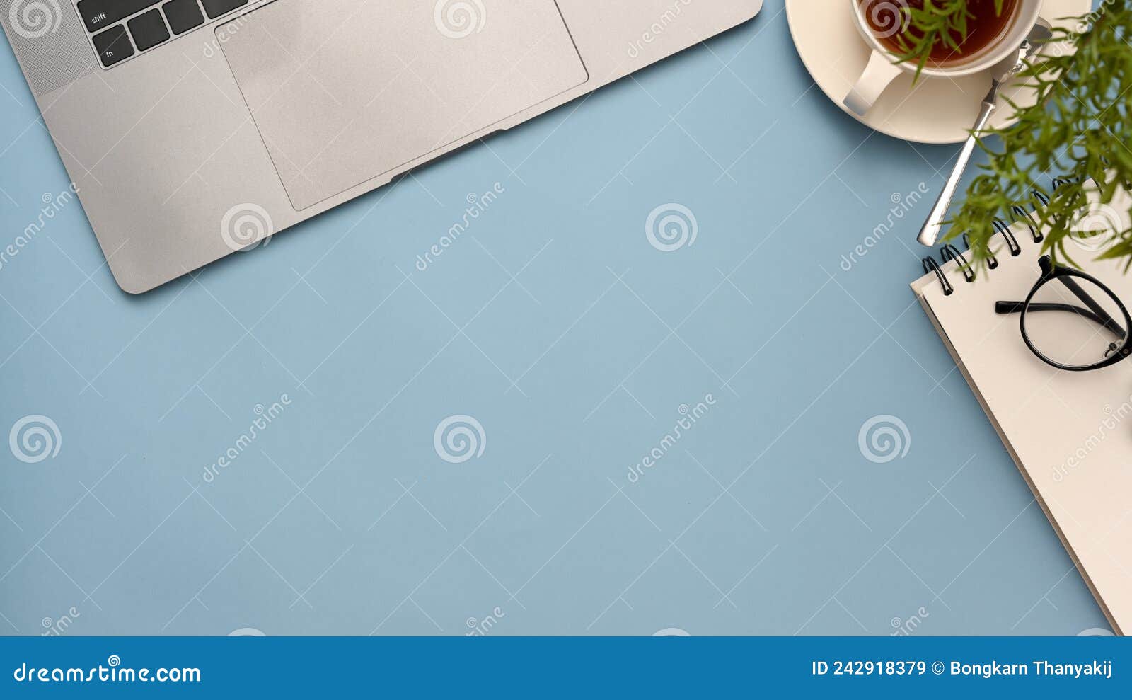 Office Tabletop Workspace in Blue Background with Copy Space. Top View ...