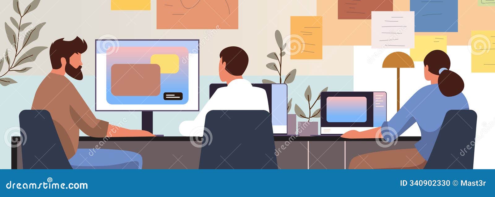 Office Team Collaboration Workspace Three People Working on Computers ...