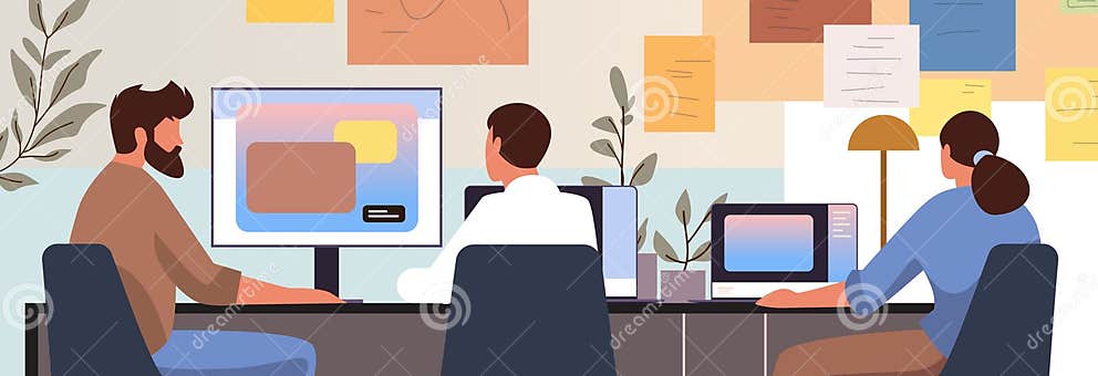 Office Team Collaboration Workspace Three People Working on Computers ...