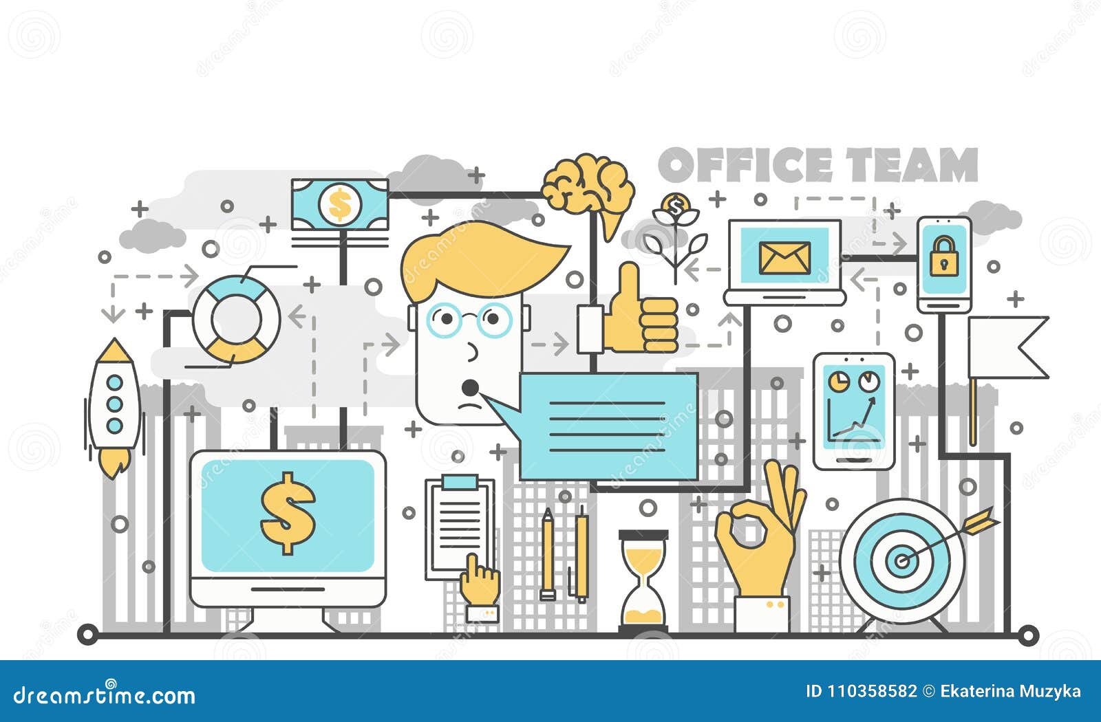Office Team Concept Vector Illustration in Flat Linear Style Stock ...