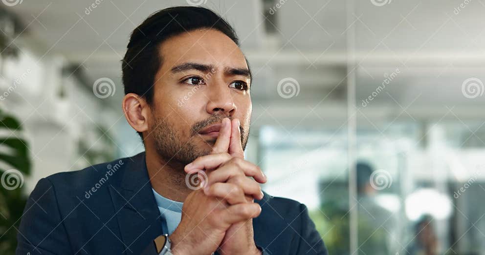 Office, Thinking or Asian Man with Ideas, Worry and Company Crisis for ...