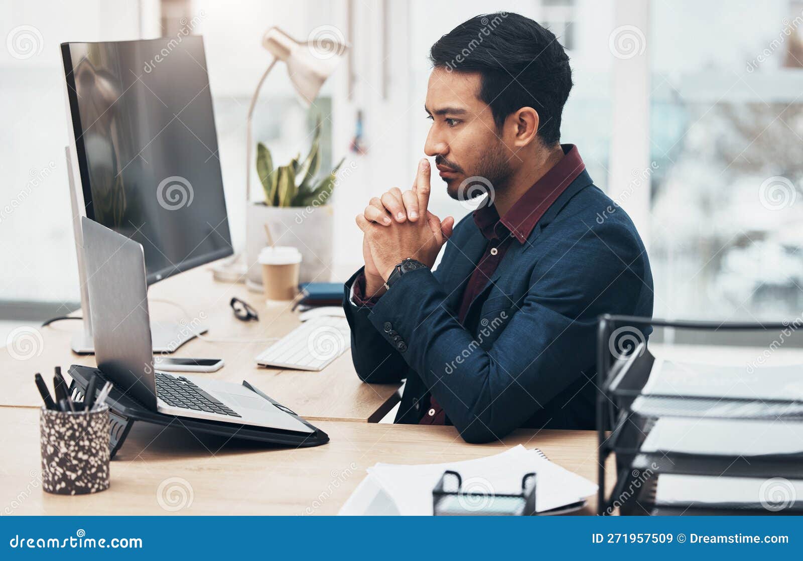 Office, Thinking and Ideas, Man at Computer Brainstorming Ideas for ...