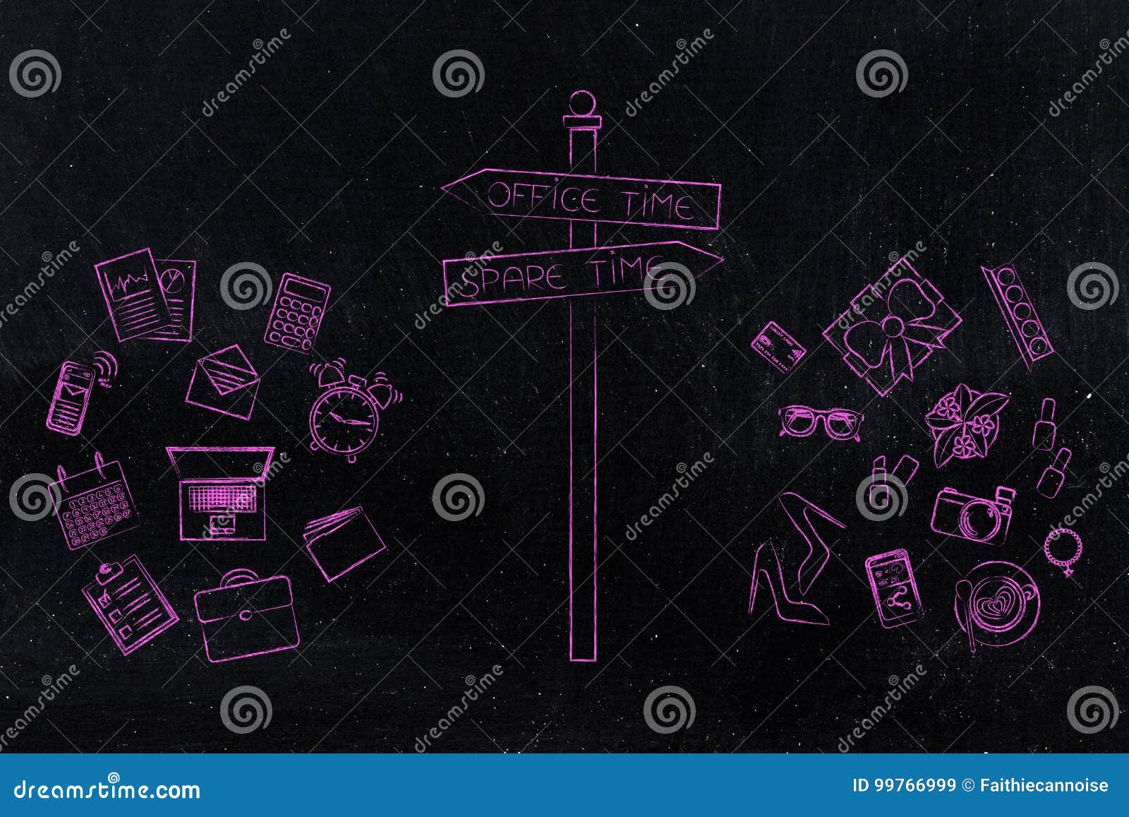 Office Time or Spare Time Road Sign with Work and Personal Objects ...