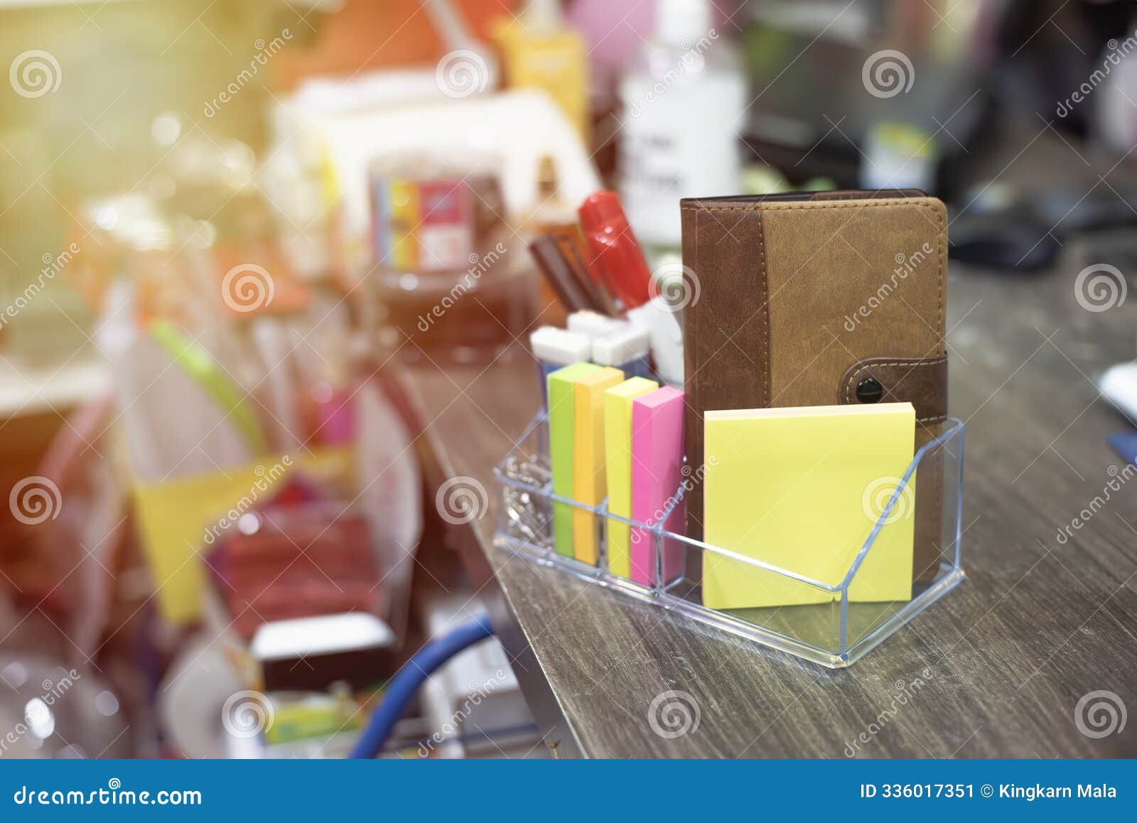 The Office Tool Box on the Desk, Brown. in the Box There is Note Paper ...