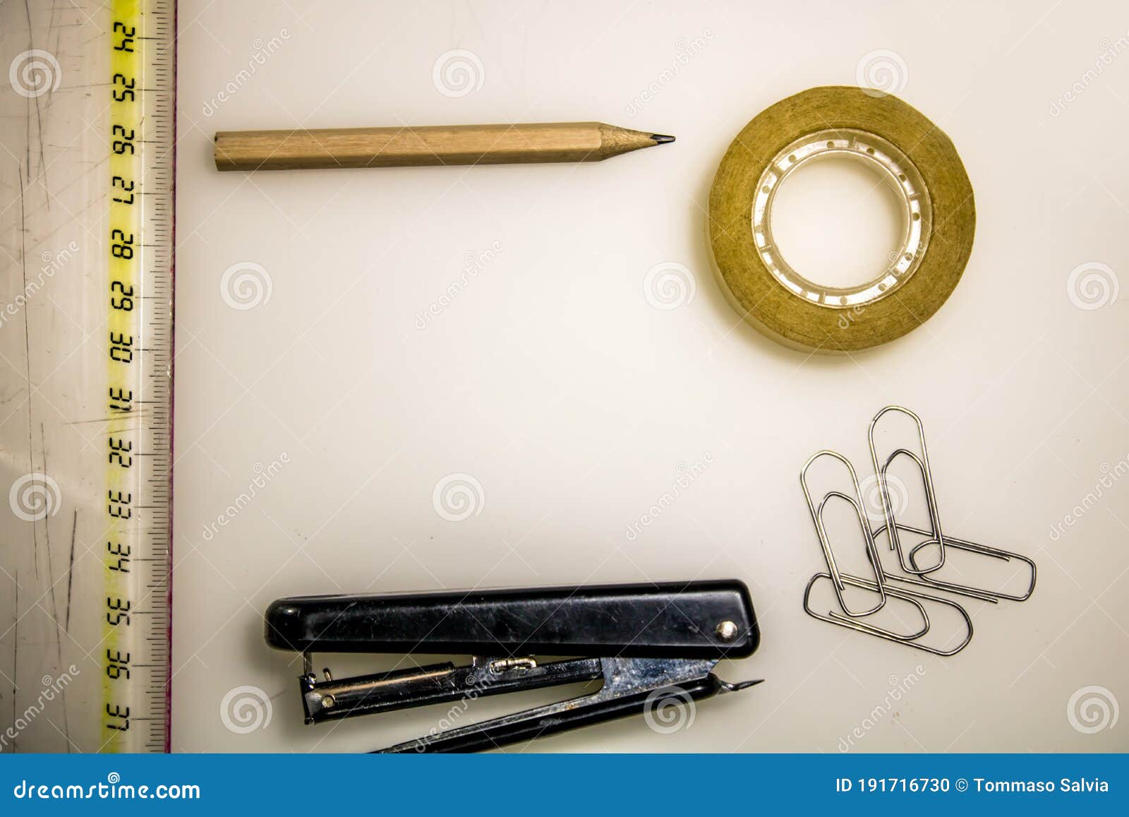 The Stapler, Ruler, And Pencil Lie Next To A Wooden Box Royalty-Free ...