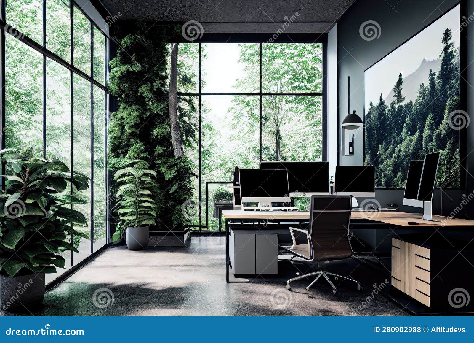 Office with Towering Trees and Lush Green Foliage on the Walls Stock ...