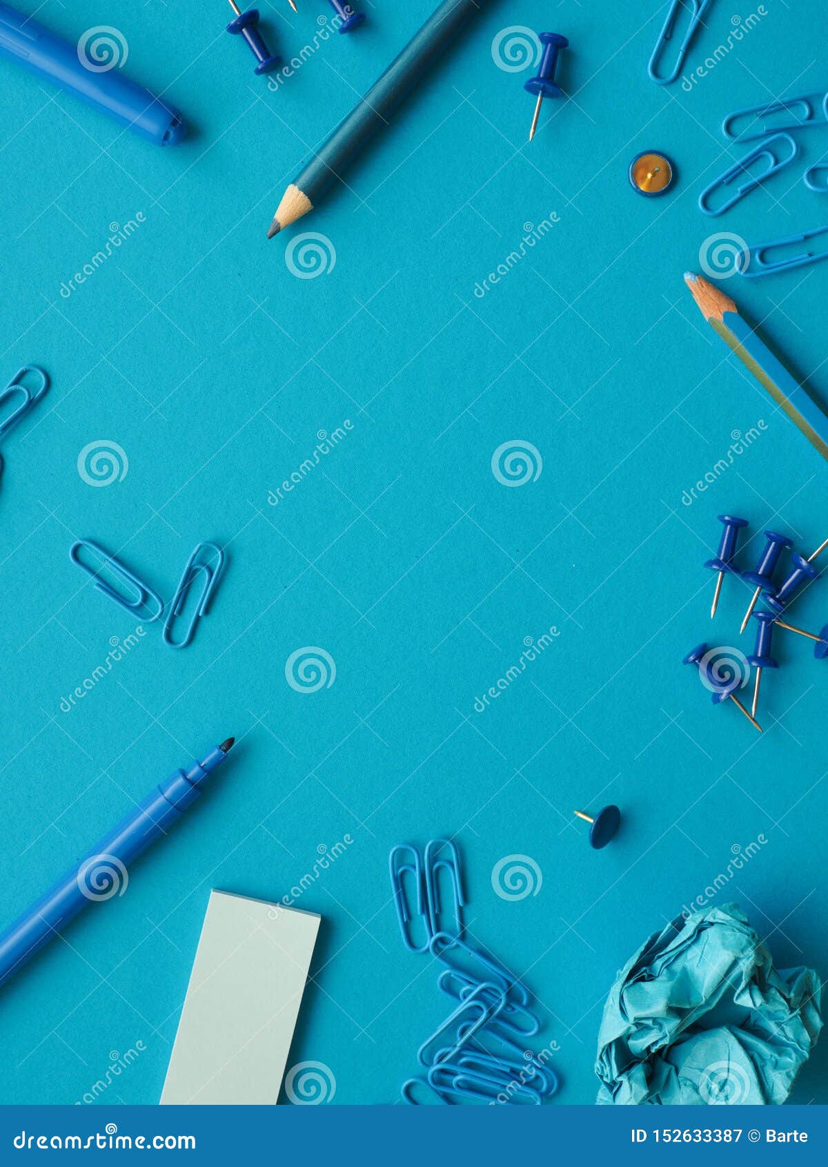 Blue office utensils stock image. Image of note, attach - 152633387