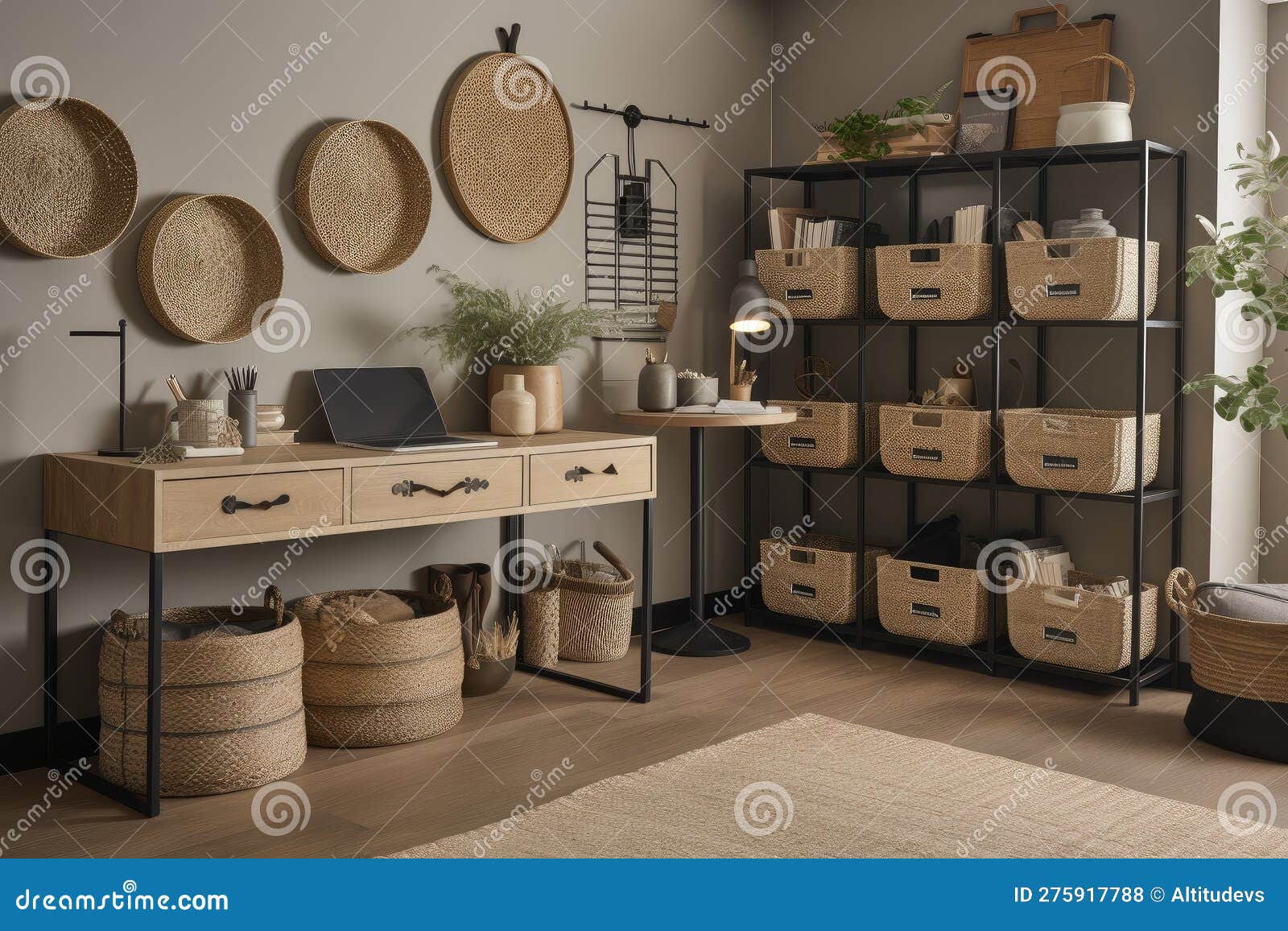 Office with a Variety of Storage Solutions, Including Baskets, Bins and ...