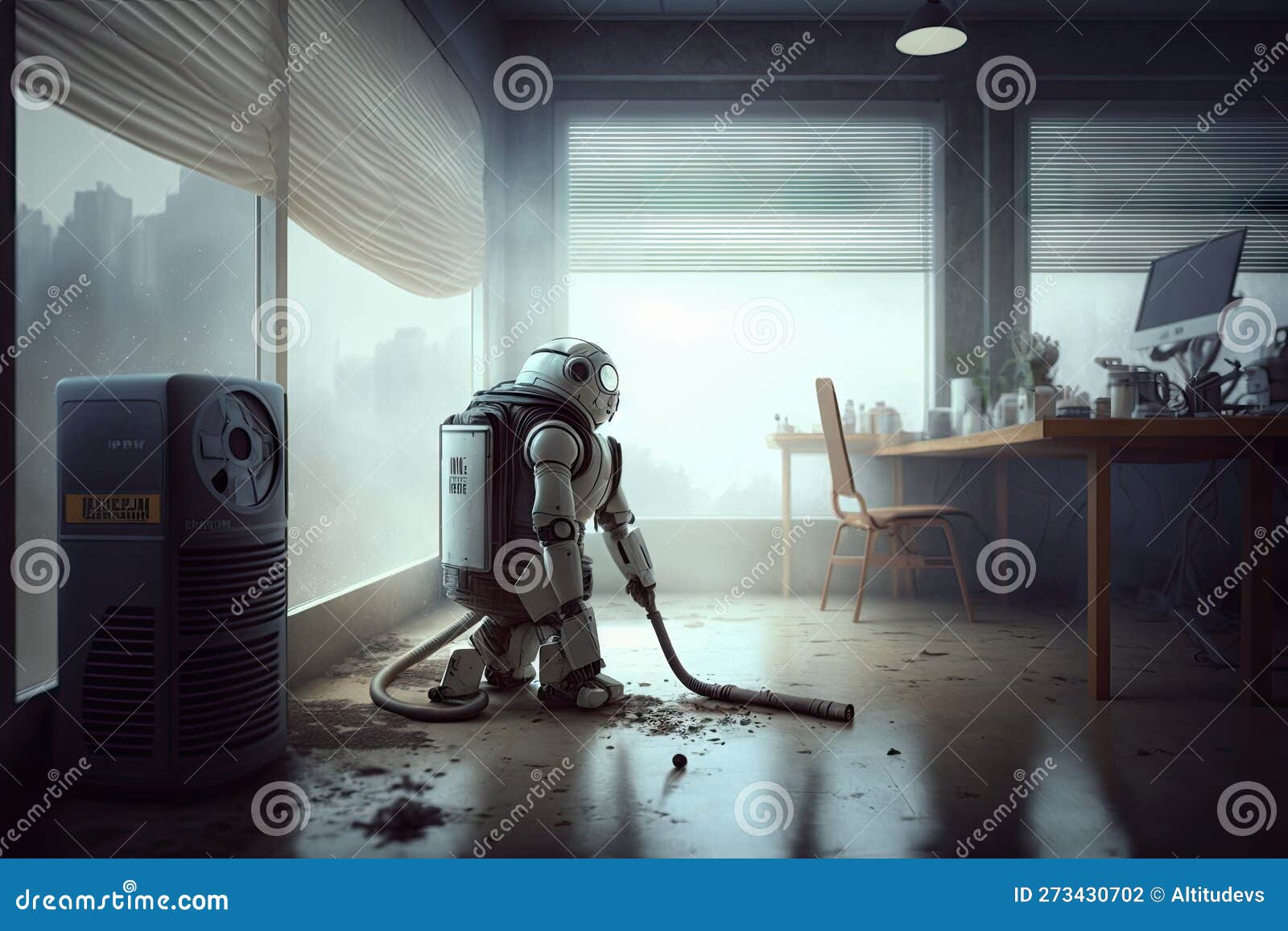 Office, with View of Android Robot Vacuuming the Floor and Dusting ...