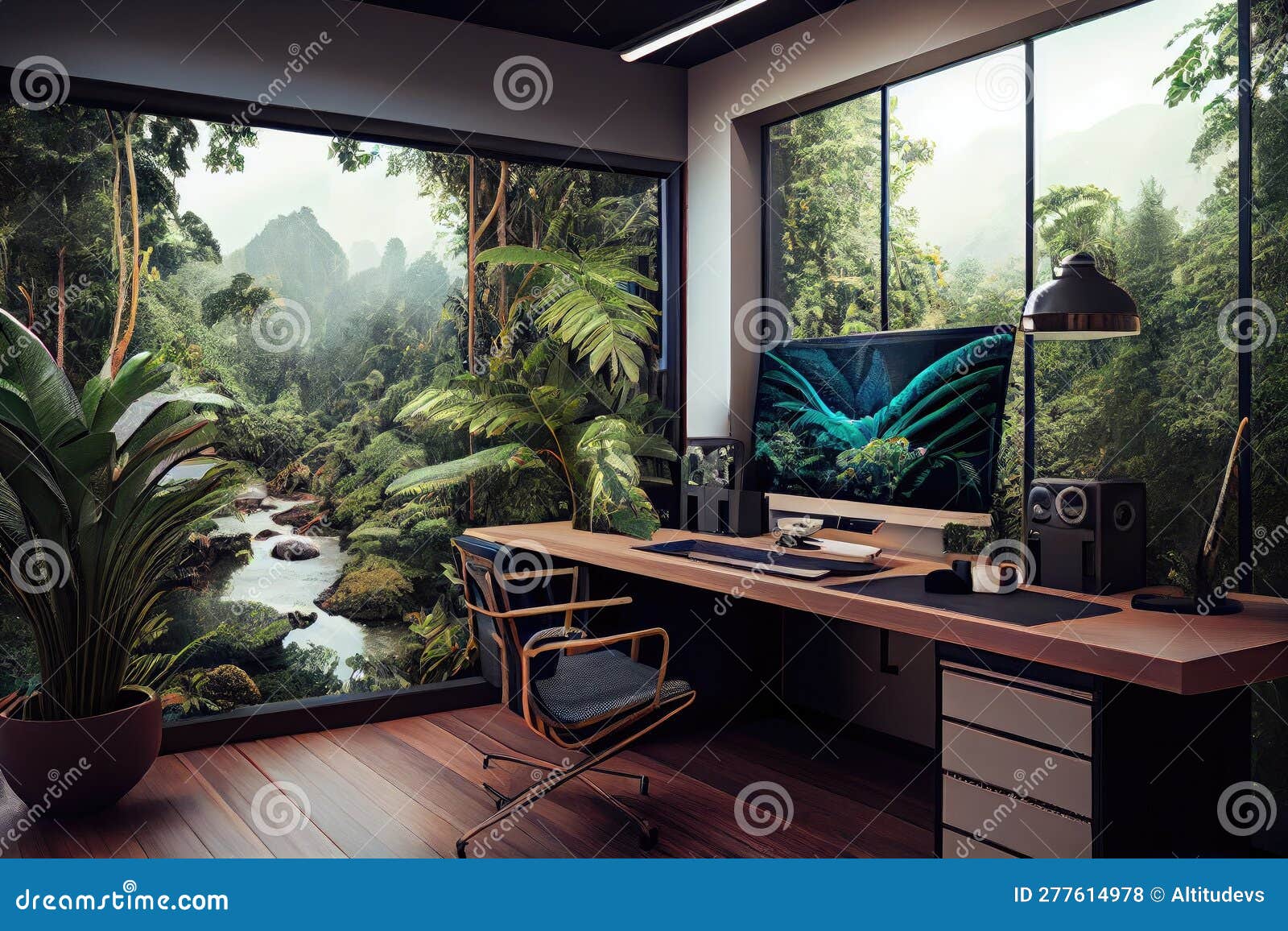 Office with View of Lush Rainforest, Filled with Plants and Wildlife ...