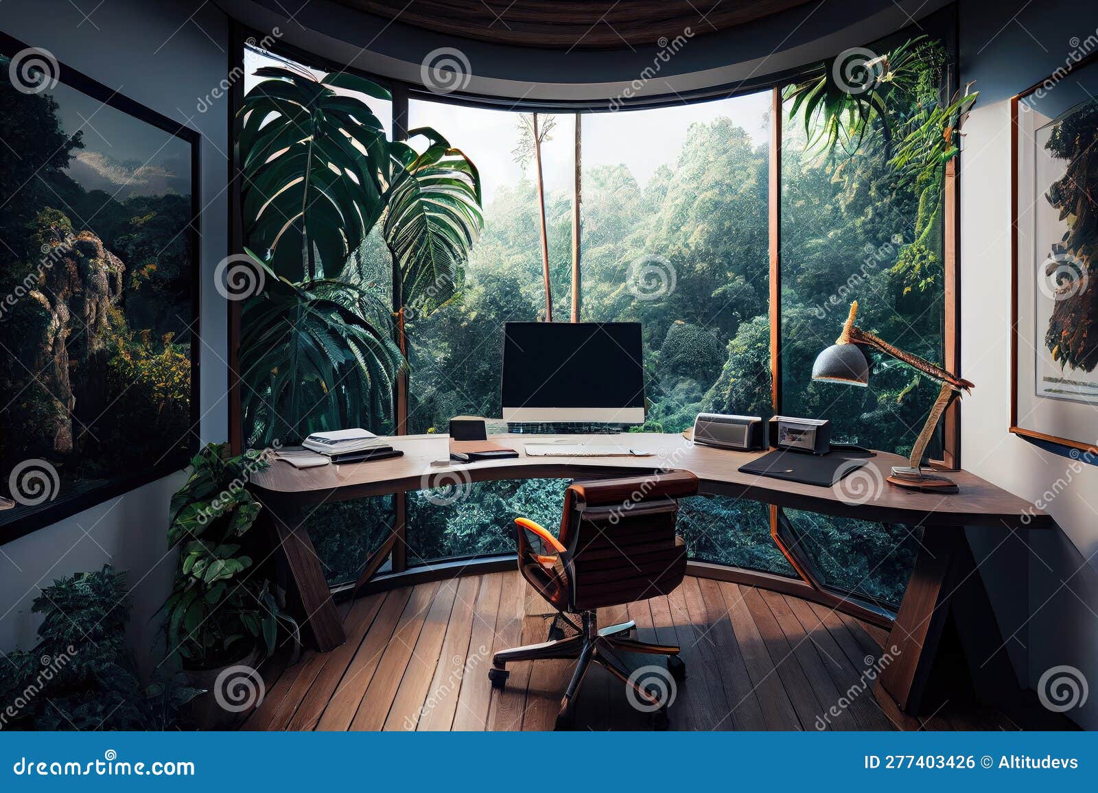 Office with View of Lush Rainforest, Surrounded by Exotic Plants and ...