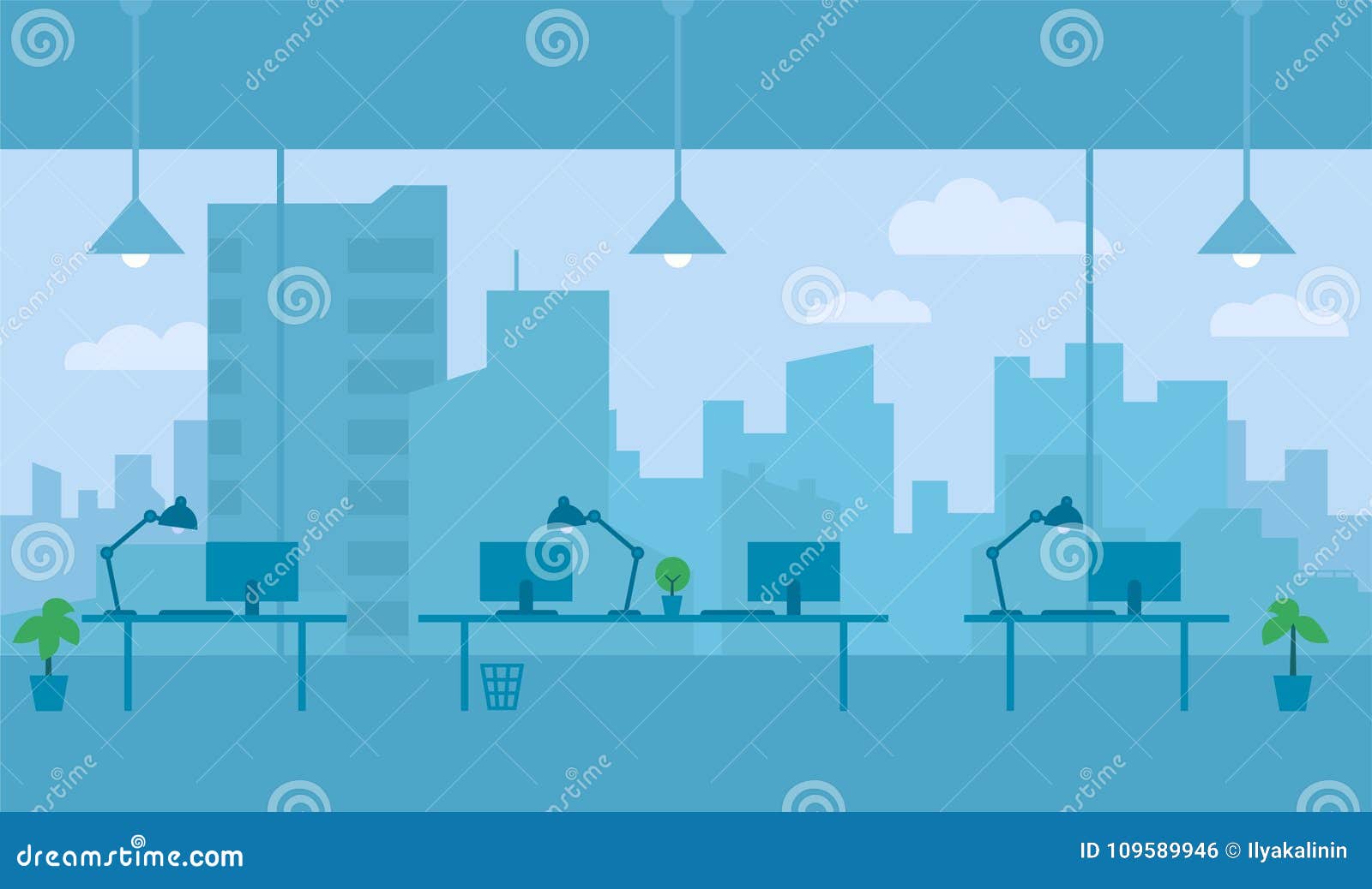 Office with View from Window City. Workplace Stock Vector ...